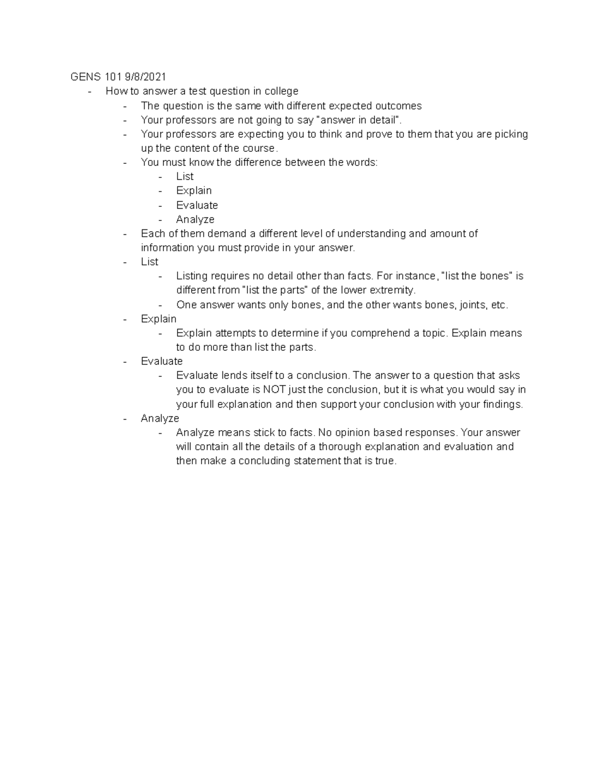 GENS 101 Notes - GENS 101 9/8/ How to answer a test question in college ...