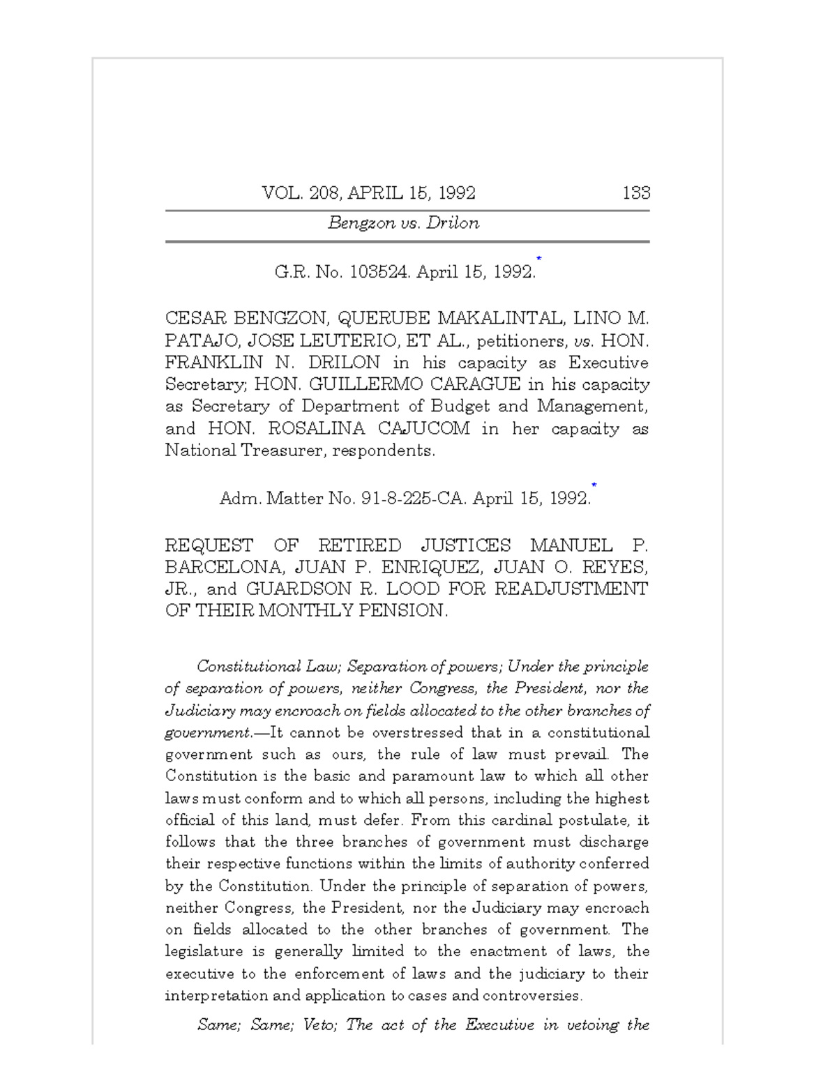 Cesar Bengzon vs. Hon. Franklin N. Drilon, G.R. No. 103524. April 15 ...