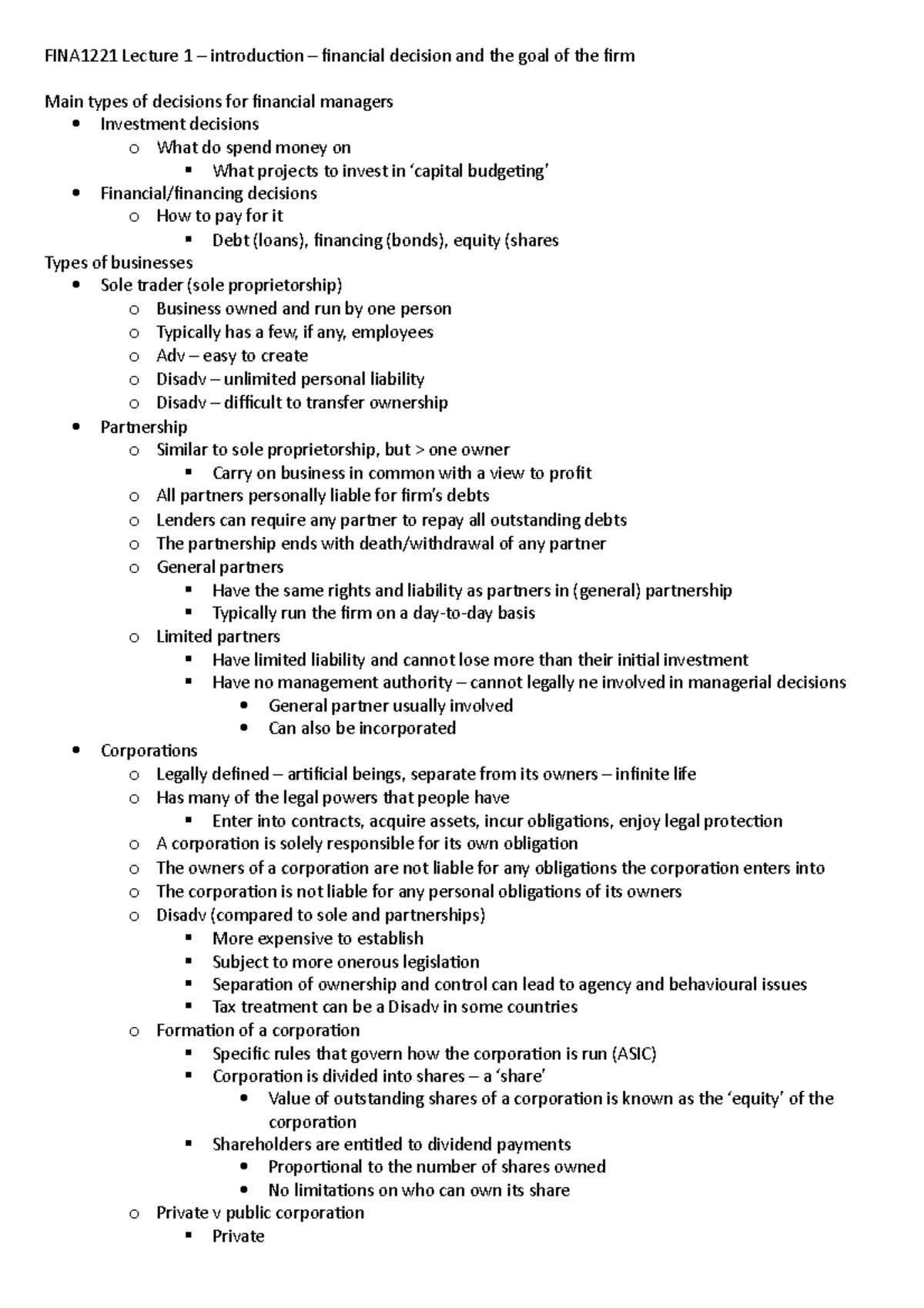 FINA1221 midsem notes - FINA1221 Lecture 1 – introduc琀椀on – 昀椀nancial ...