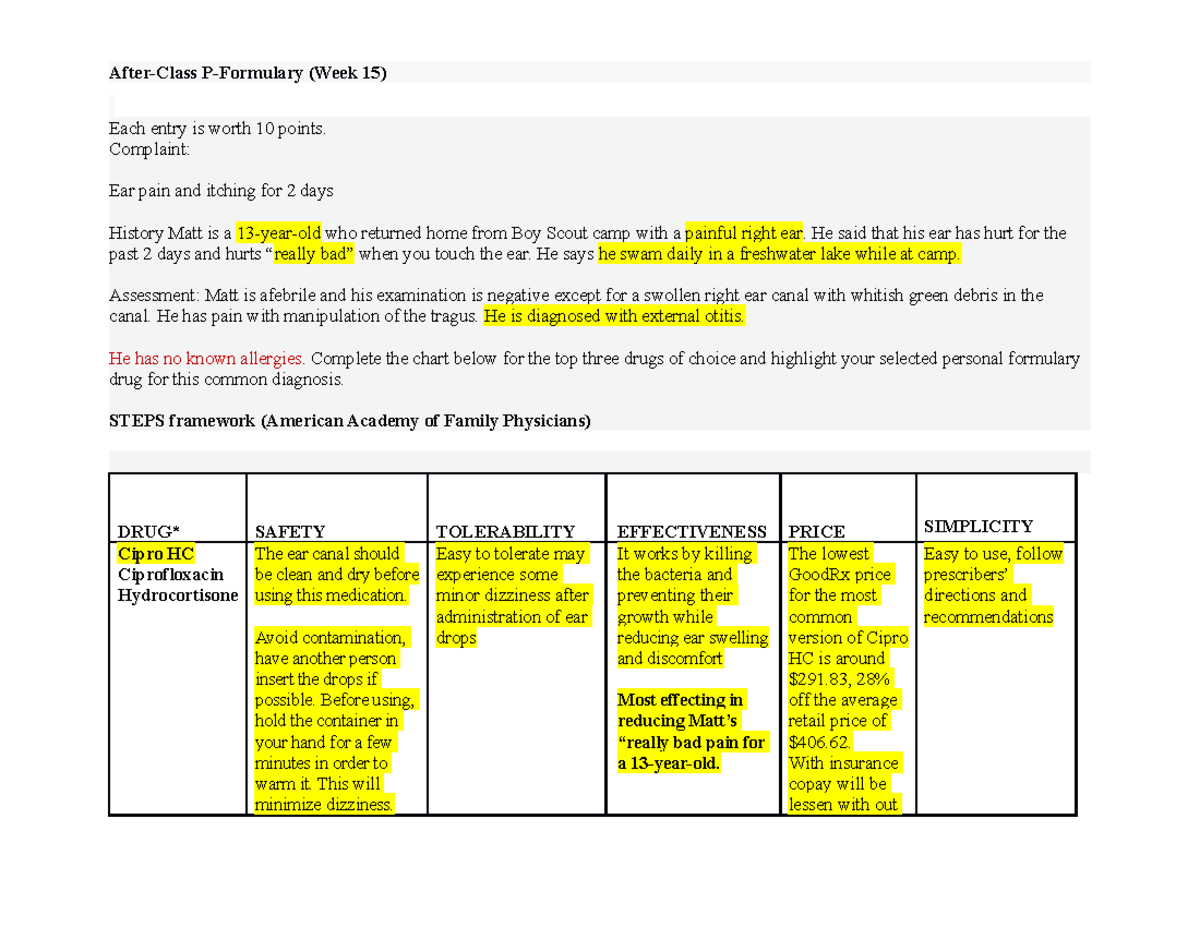 After class P week 15 - After-Class P-Formulary (Week 15) Each entry is ...