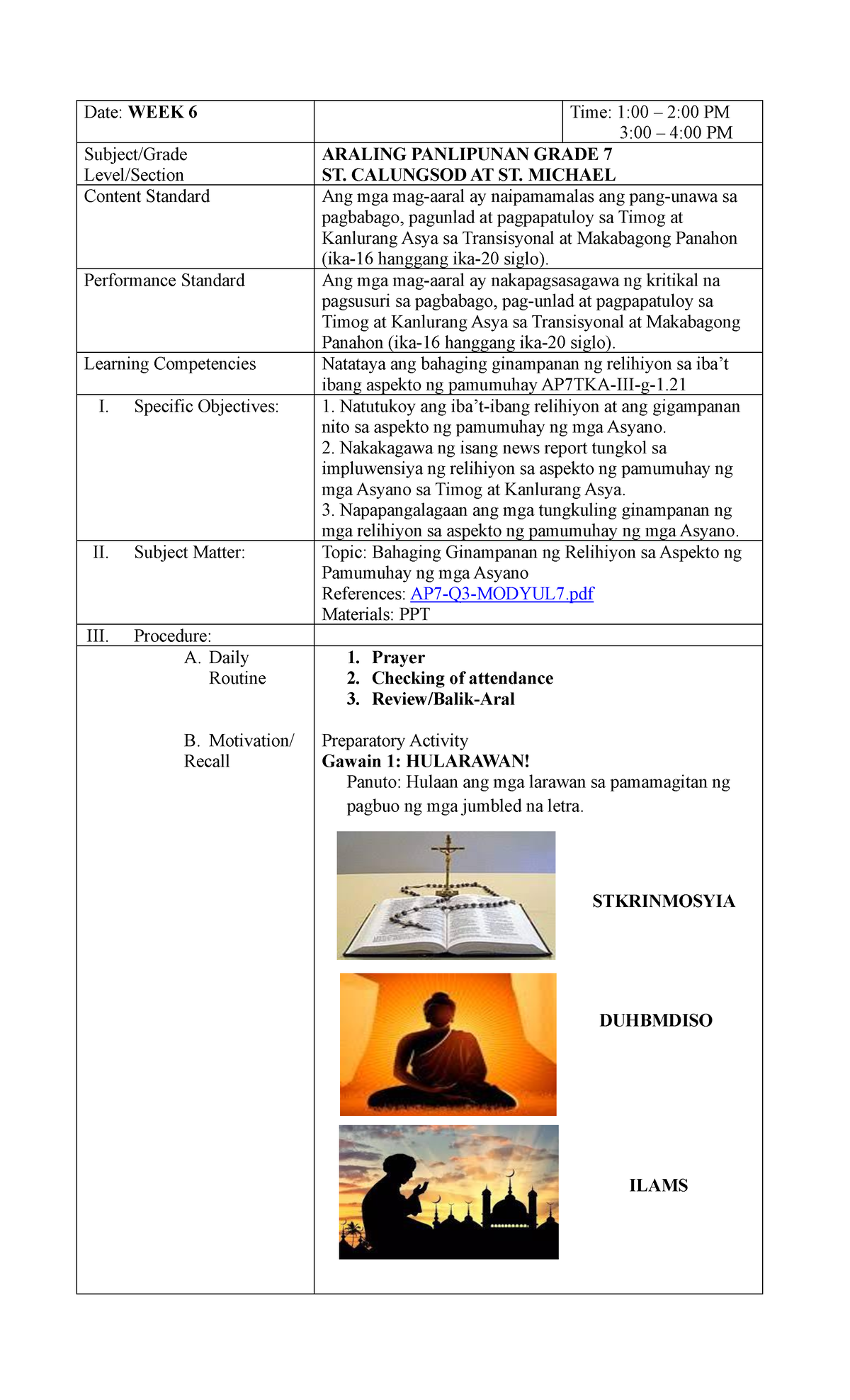 G7 WEEK 7 Final - SAMPLE OF LP IN G7 - Date: WEEK 6 Time: 1:00 – 2 :00 PM 3 :00 – 4: 00 PM - Studocu