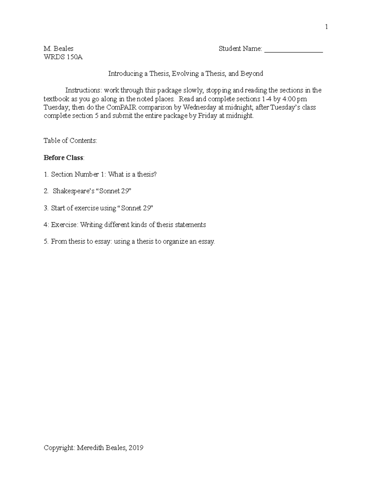 Evolving Thesis handout Fall 2022 Shakespeare - M. Beales Student Name ...