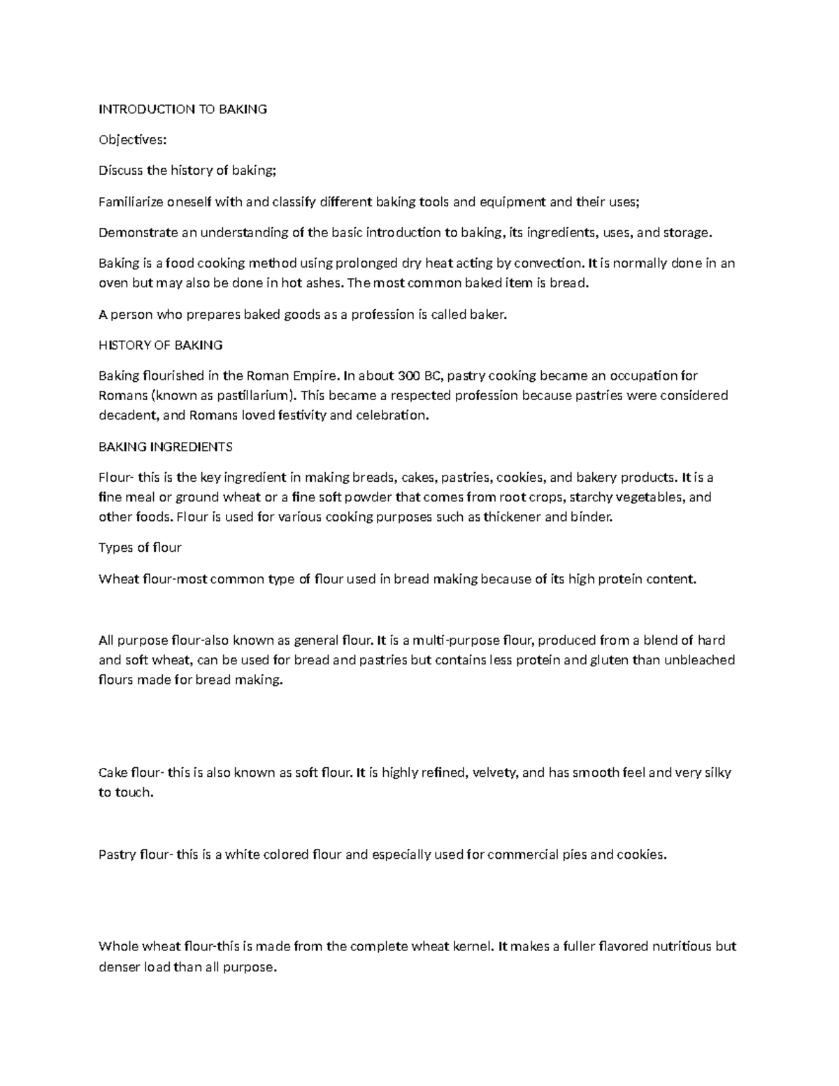 Introduction TO Baking - INTRODUCTION TO BAKING Objectives: Discuss the ...