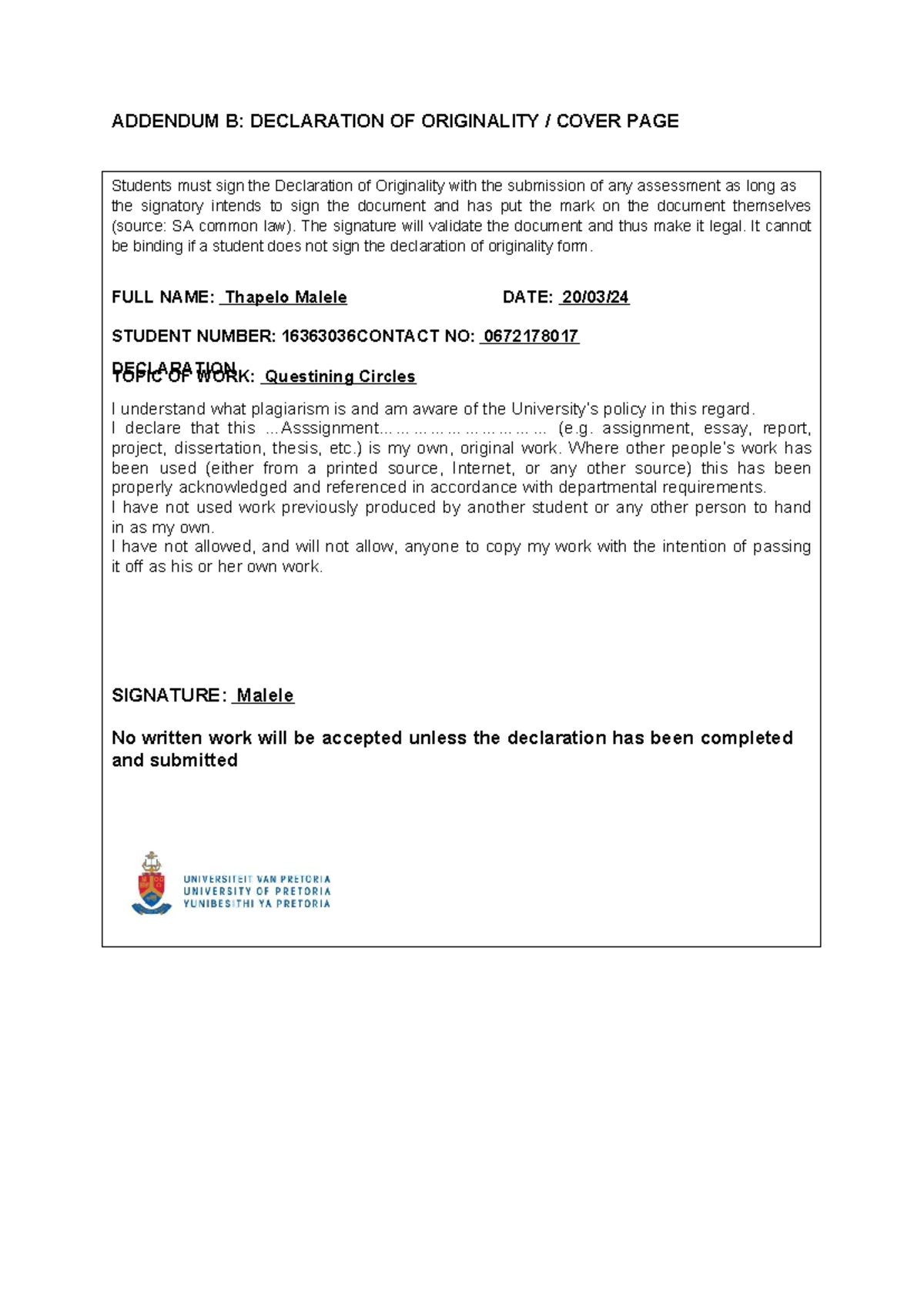 JME 451 Assignment - ADDENDUM B: DECLARATION OF ORIGINALITY / COVER ...