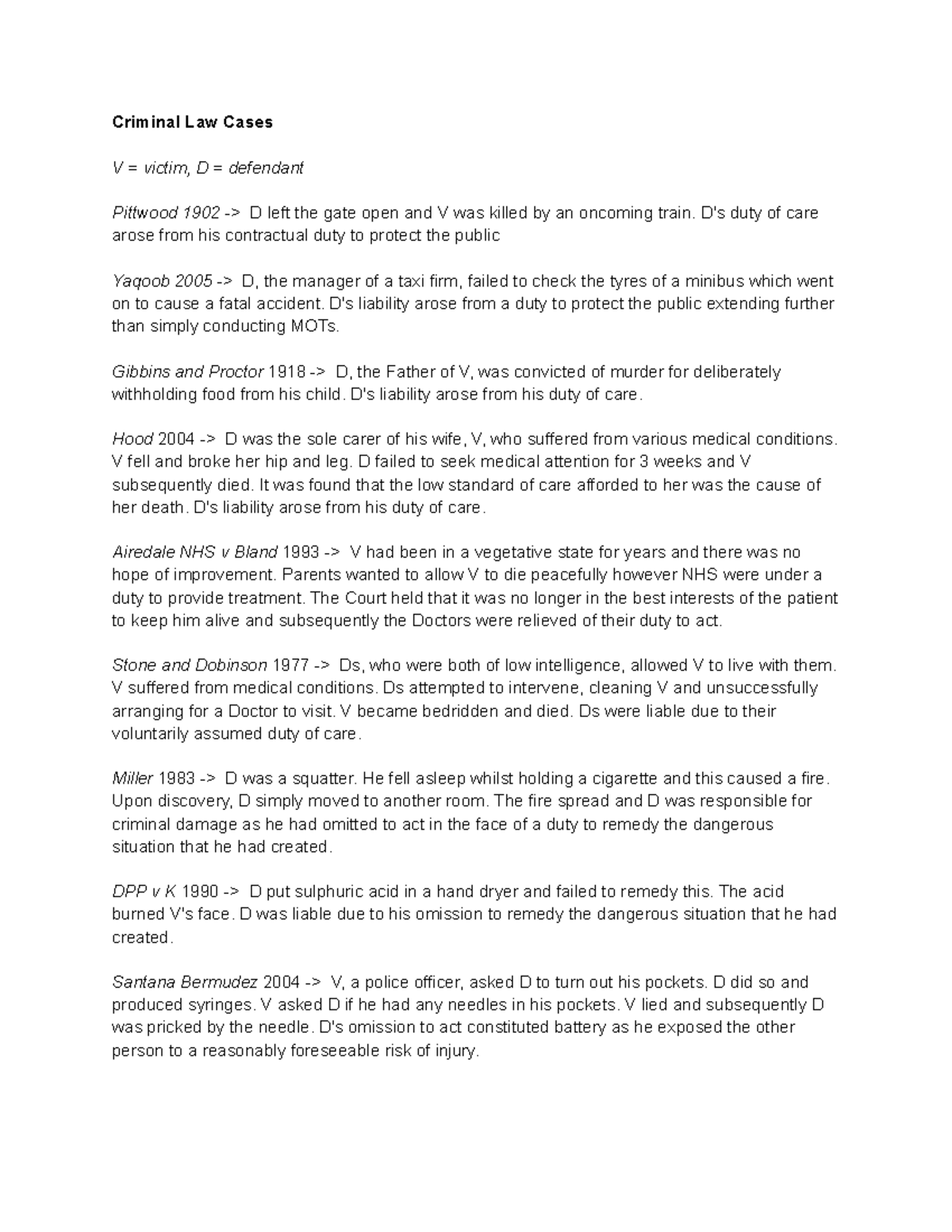 Criminal Law Cases - key case notes - Criminal Law Cases V = victim, D ...