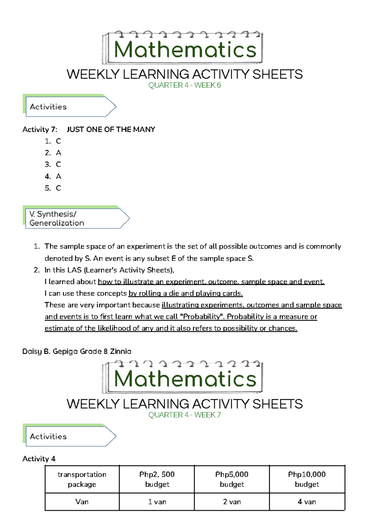Math Q 4LASW6-7 - answers - Mathematics WEEKLY LEARNING ACTIVITY SHEETS QUARTER 4 - WEEK 6 ...