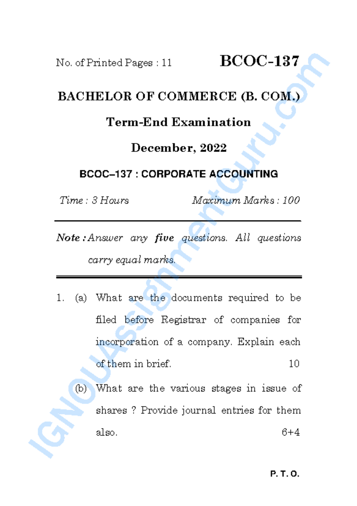 26. Dec 2022 BCOC-137 Ignouassignment Guru - P. T. O. No. of Printed ...