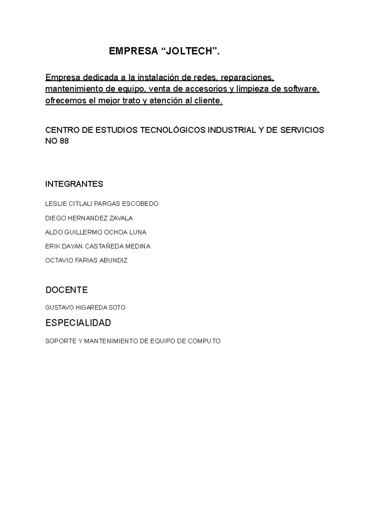 Joltech desarrollo de empresa desarrollo - EMPRESA “JOLTECH”. Empresa ...