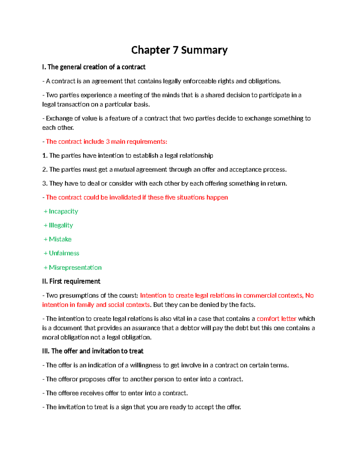 Chapter 7 Summary Blaw - Chapter 7 Summary I. The general creation of a contract A contract is ...