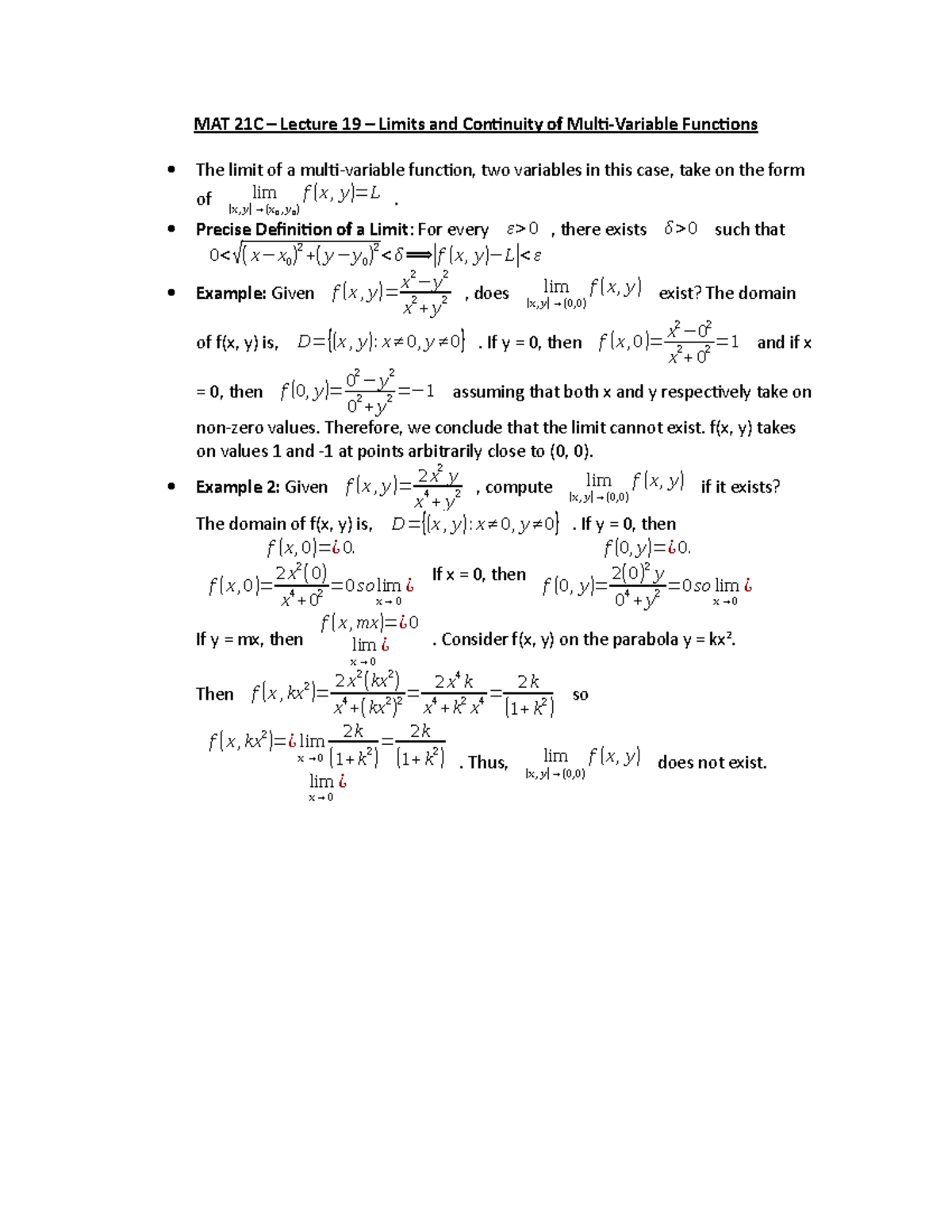 Mat 21c Lecture 19 Limits And Continuity Of Multi Mat 21c Lecture 19 Limits And 0656