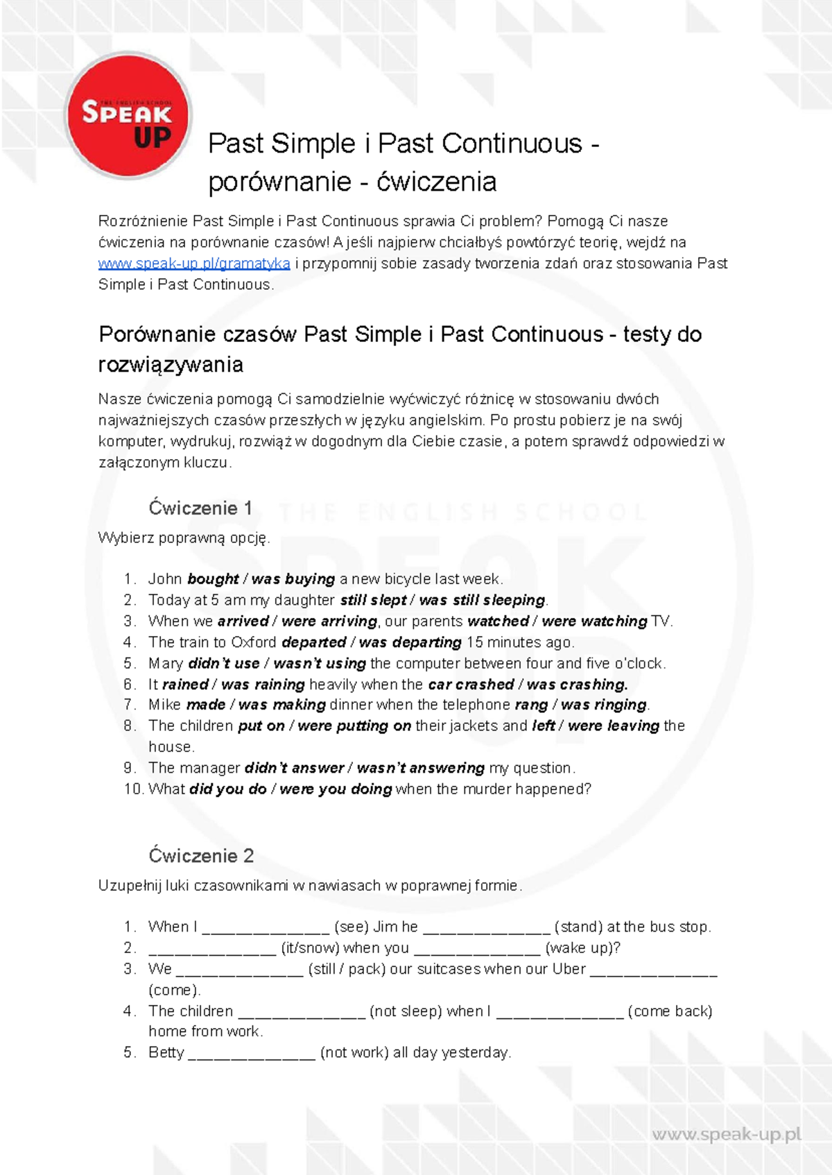 Past simple past continuous porownanie cwiczenia - Past Simple i Past ...