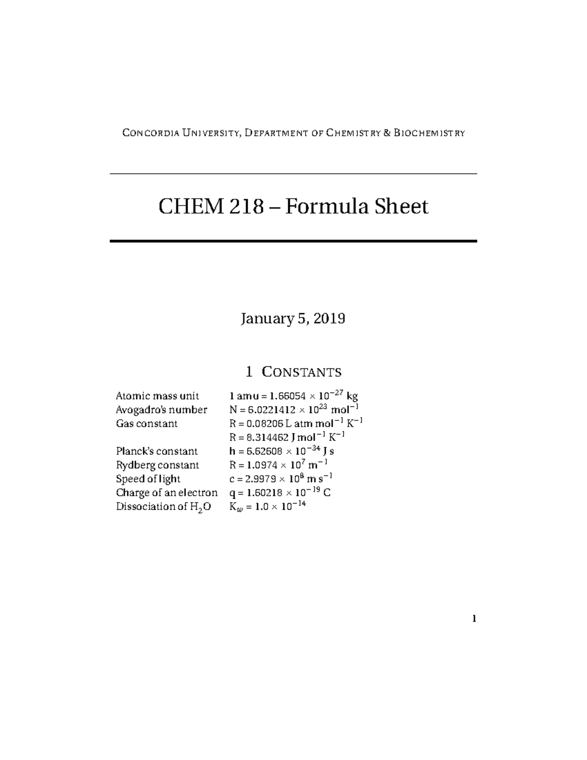 CHEM218, formula sheet, 5 Jan 2018 - CONCORDIAUNIVERSITY,DEPARTMENT OFCHEMISTRY&BIOCHEMISTRY ...
