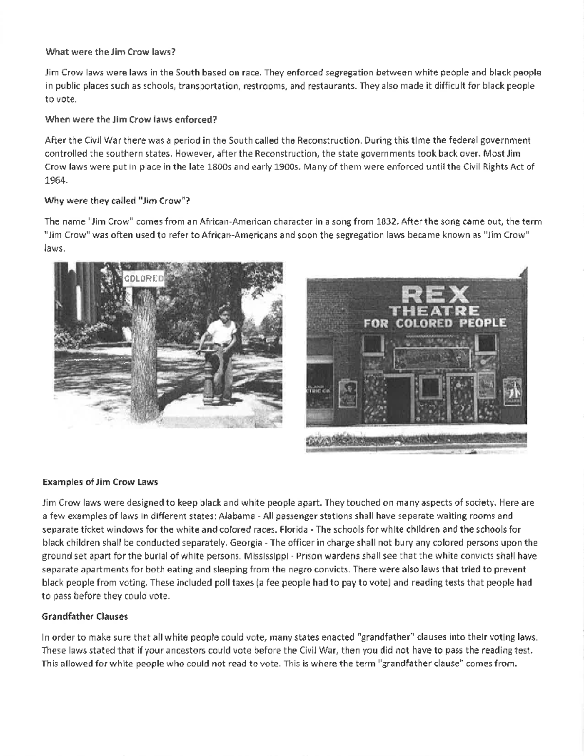 Jim crow worksheet 2017 - What were the Jim Crow laws? Jim Crow laws ...