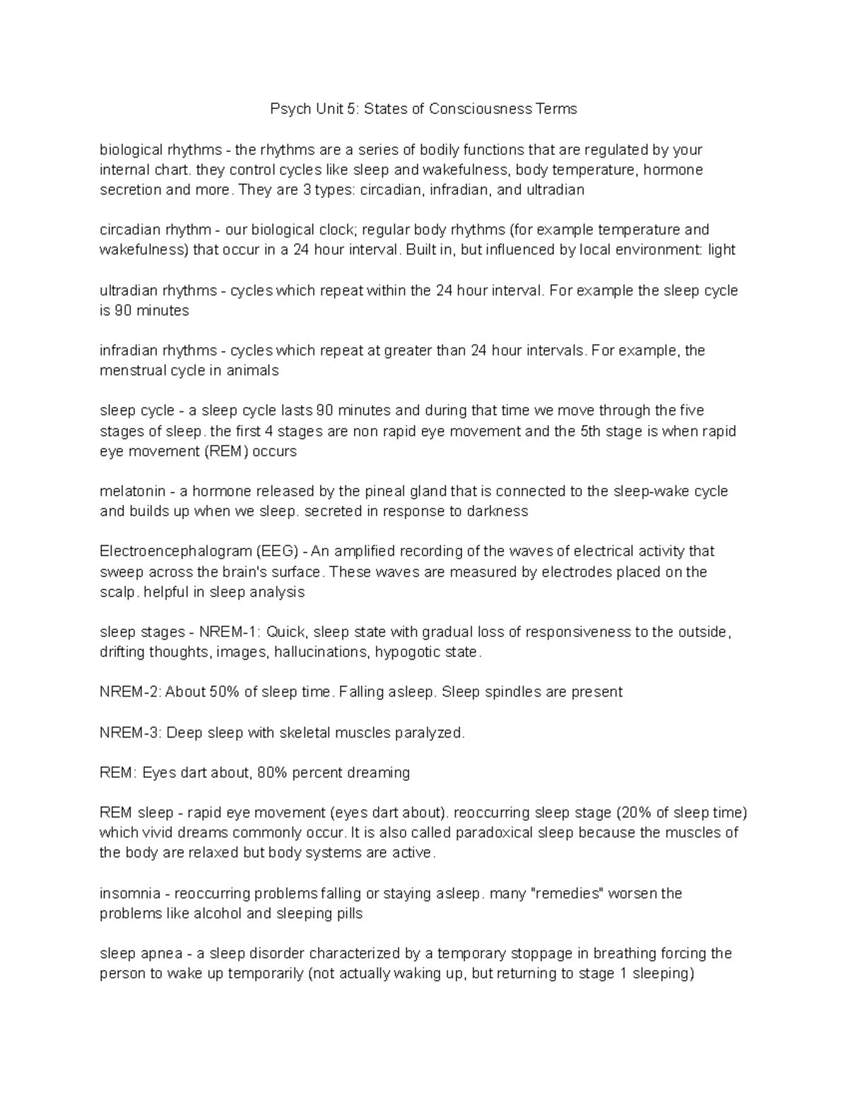 Psych Unit 5 States of Consciousness Terms - they control cycles like ...