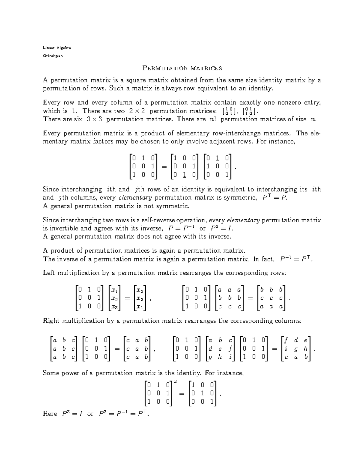 Permutations - Noce - Linear Algebra Grinshpan Permutation matrices A ...