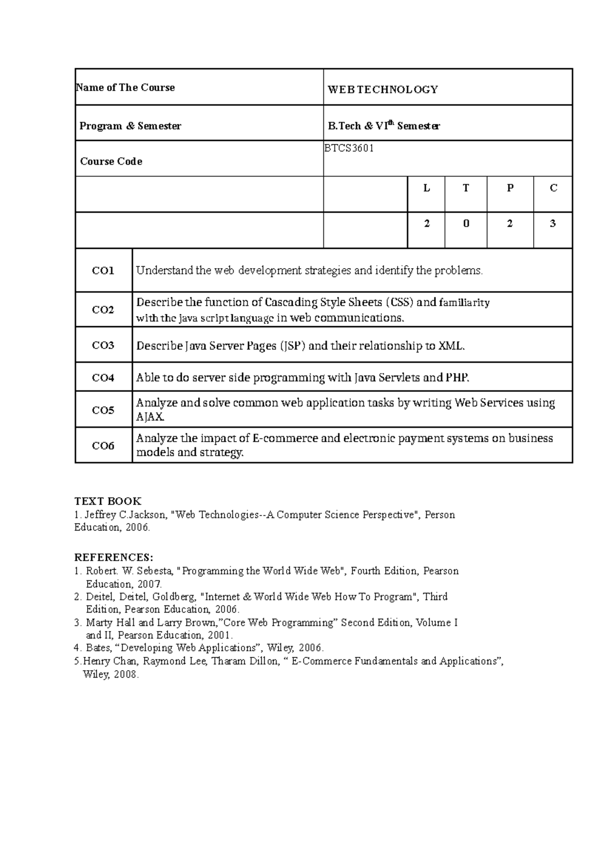 BTCS3601 Web Technology- Syllabus - Name of The Course WEB TECHNOLOGY ...