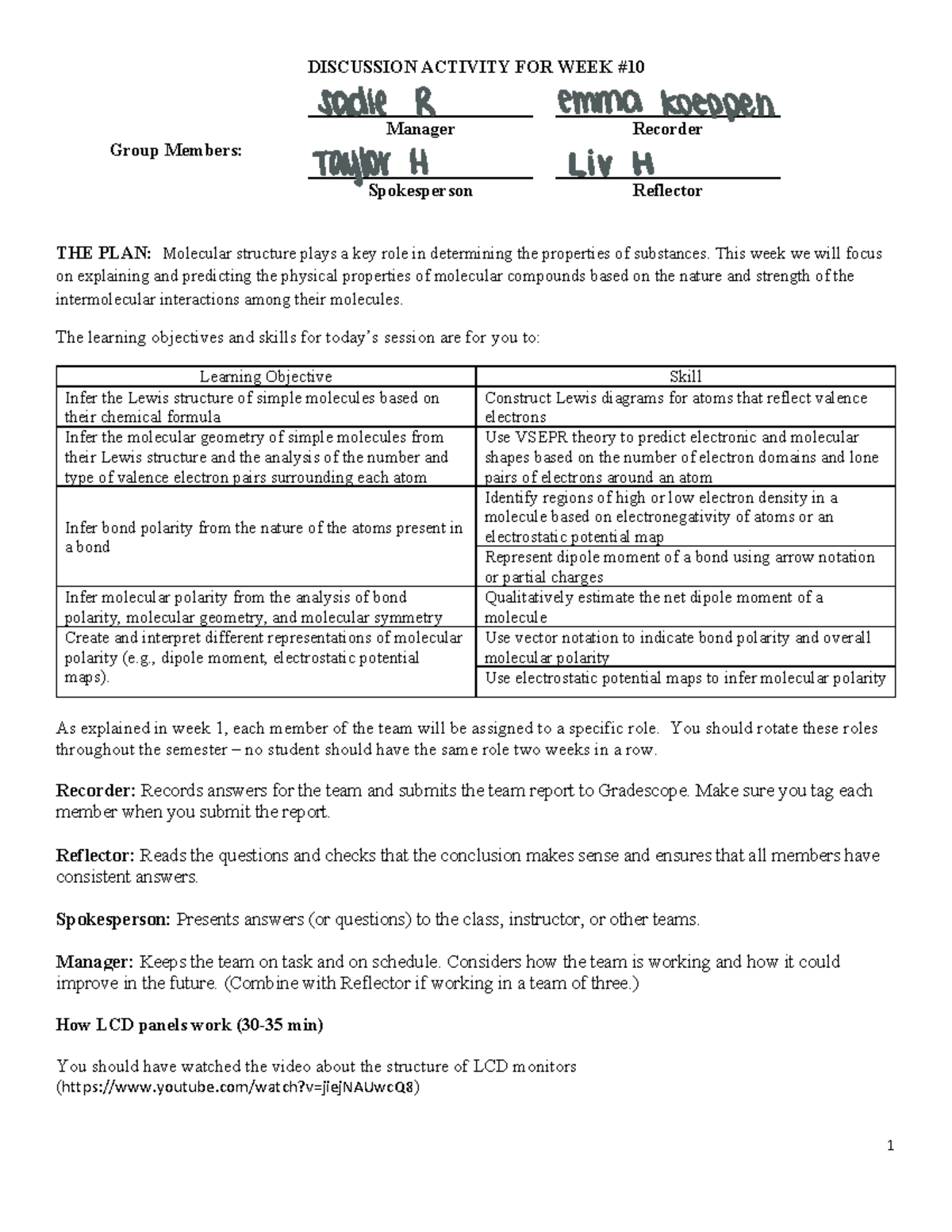 Worksheet Week 10 - 1 DISCUSSION ACTIVITY FOR WEEK # Group Members ...