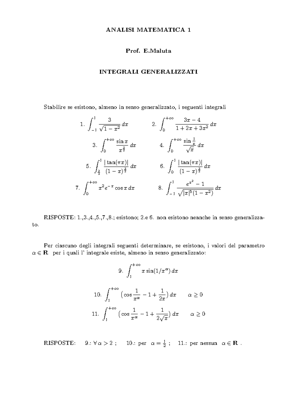 Esercizi+su+integrale+generalizzato - ANALISI MATEMATICA 1 Prof. E ...