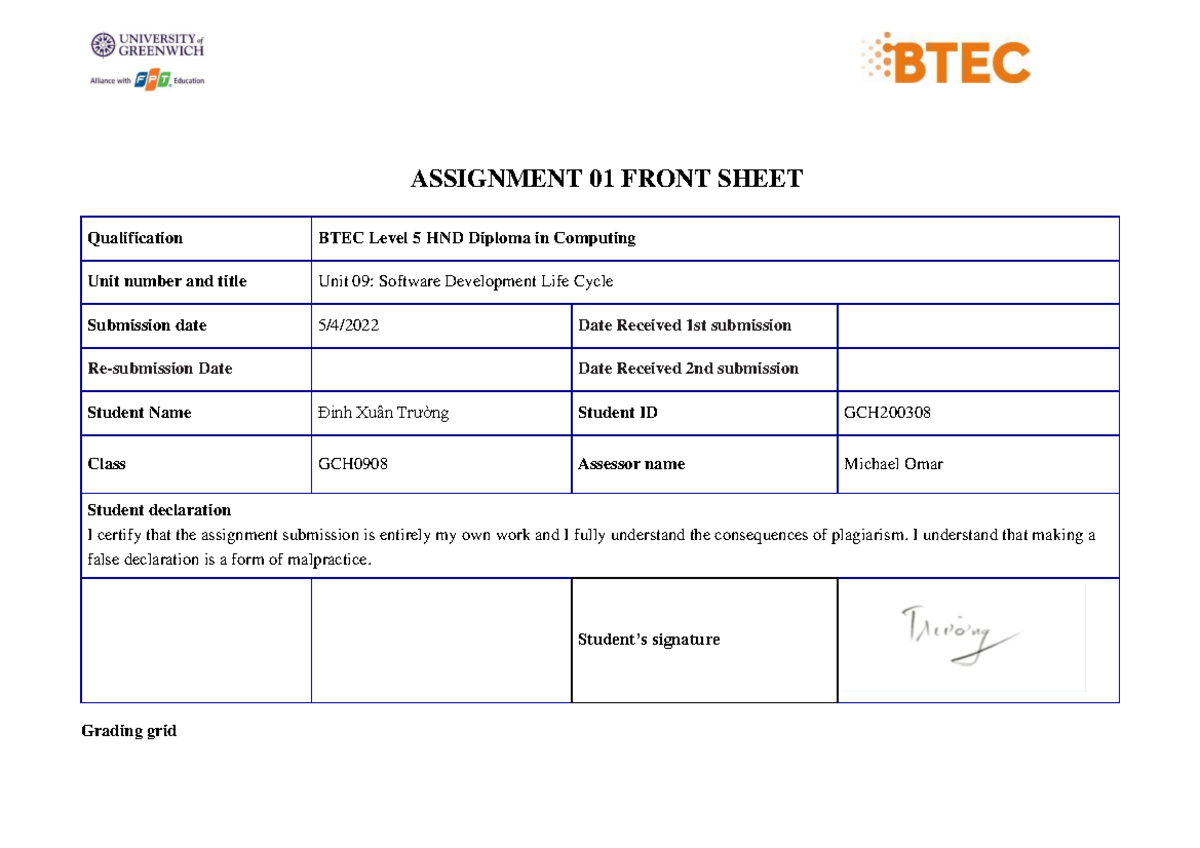 1631 - ASM1 - GCH0908 - Dinh Xuan Truong - ASSIGNMENT 01 FRONT SHEET Qualification BTEC Level 5 ...