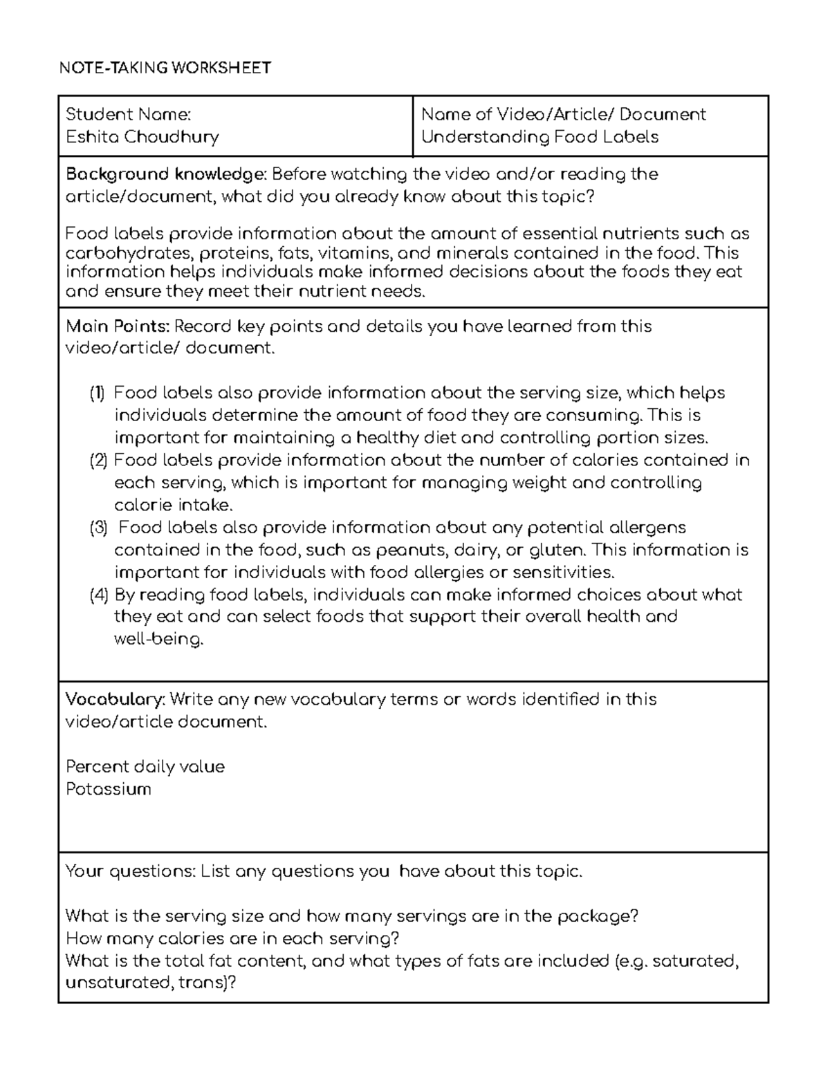 Food Labels Notes 11397 - NOTE‐TAKING WORKSHEET Student Name: Eshita ...