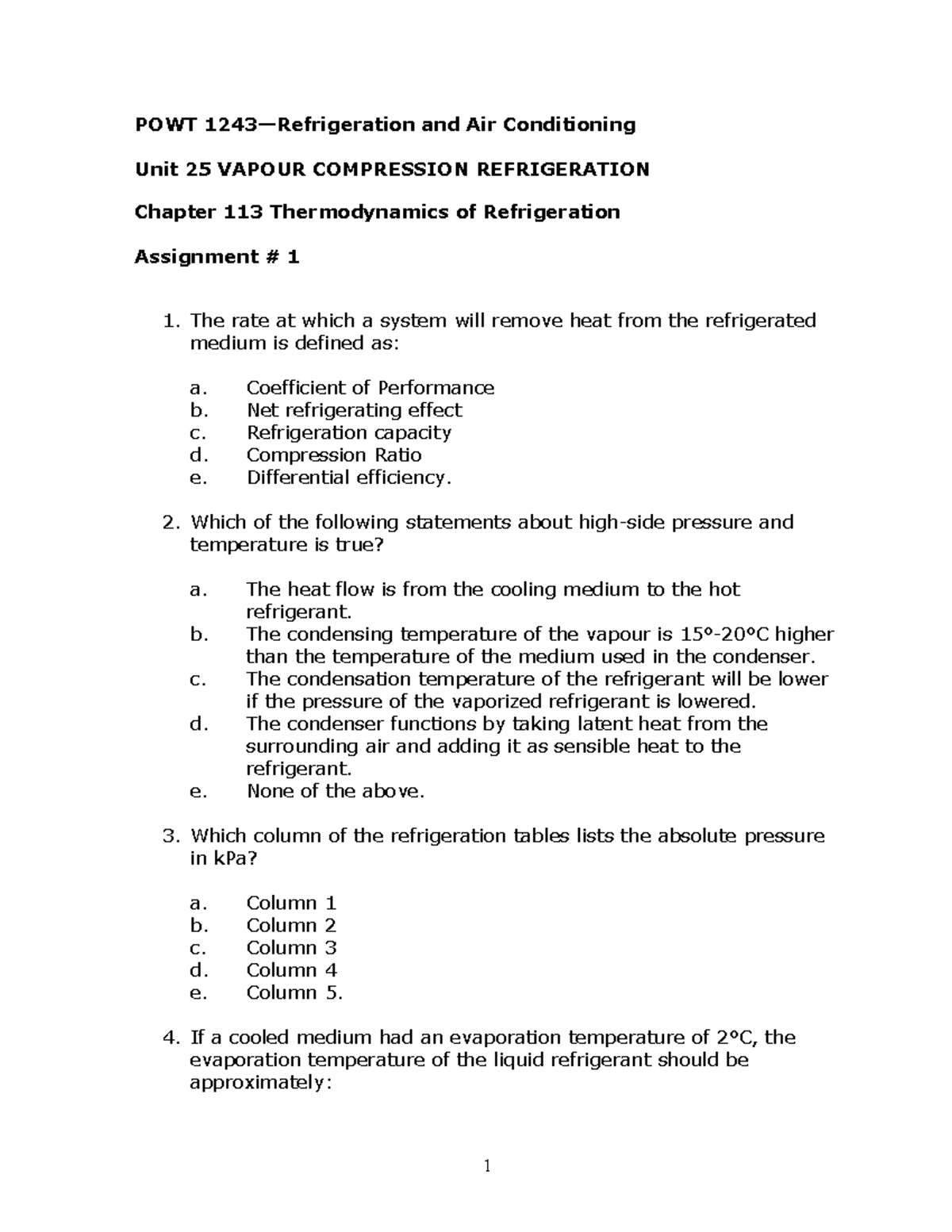 Exam 2014, questions - POWT 1243—Refrigeration and Air Conditioning ...