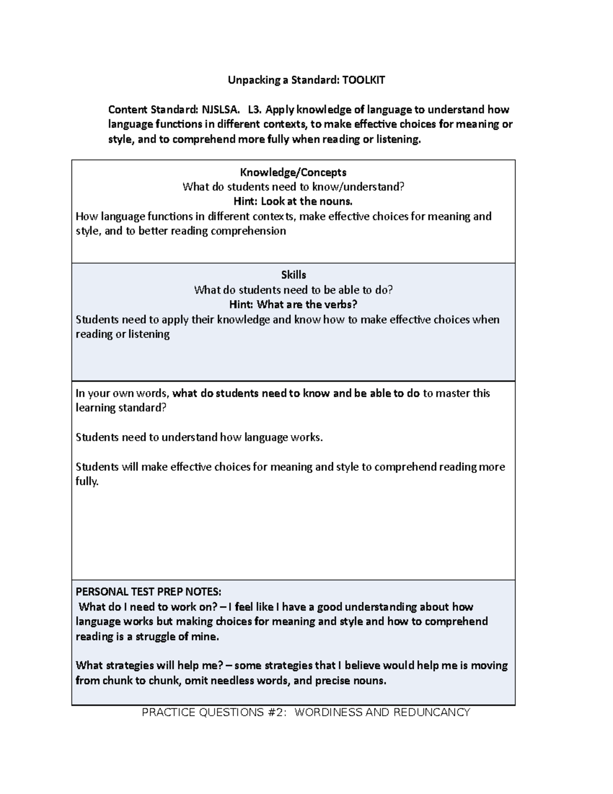 Toolkit C - Unpacking a Standard: TOOLKIT Content Standard: NJSLSA. L3 ...