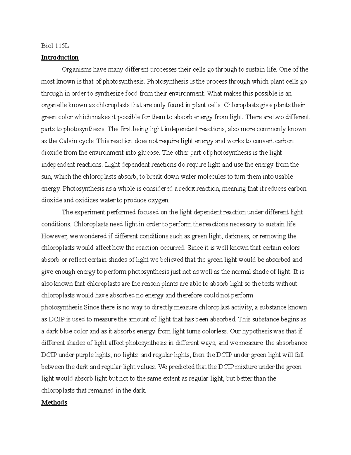 BIOL 115L: Lab 8 Lab report - Biol 115L Introduction Organisms have ...