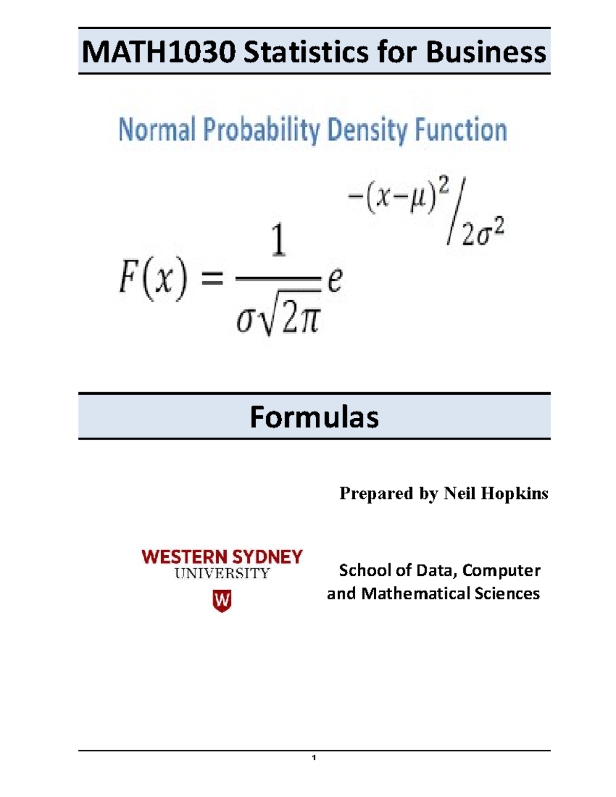 Formula Sheet - SFB(1)-4 - MATH1030 Statistics for Business Formulas ...
