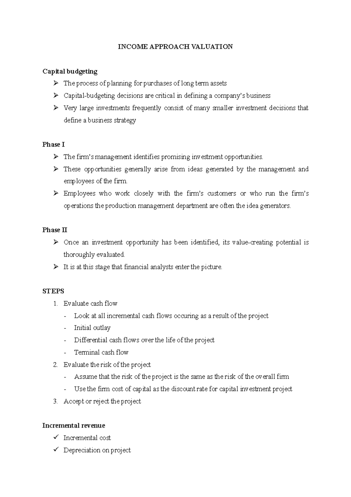 Income Approach Valuation - INCOME APPROACH VALUATION Capital budgeting ...