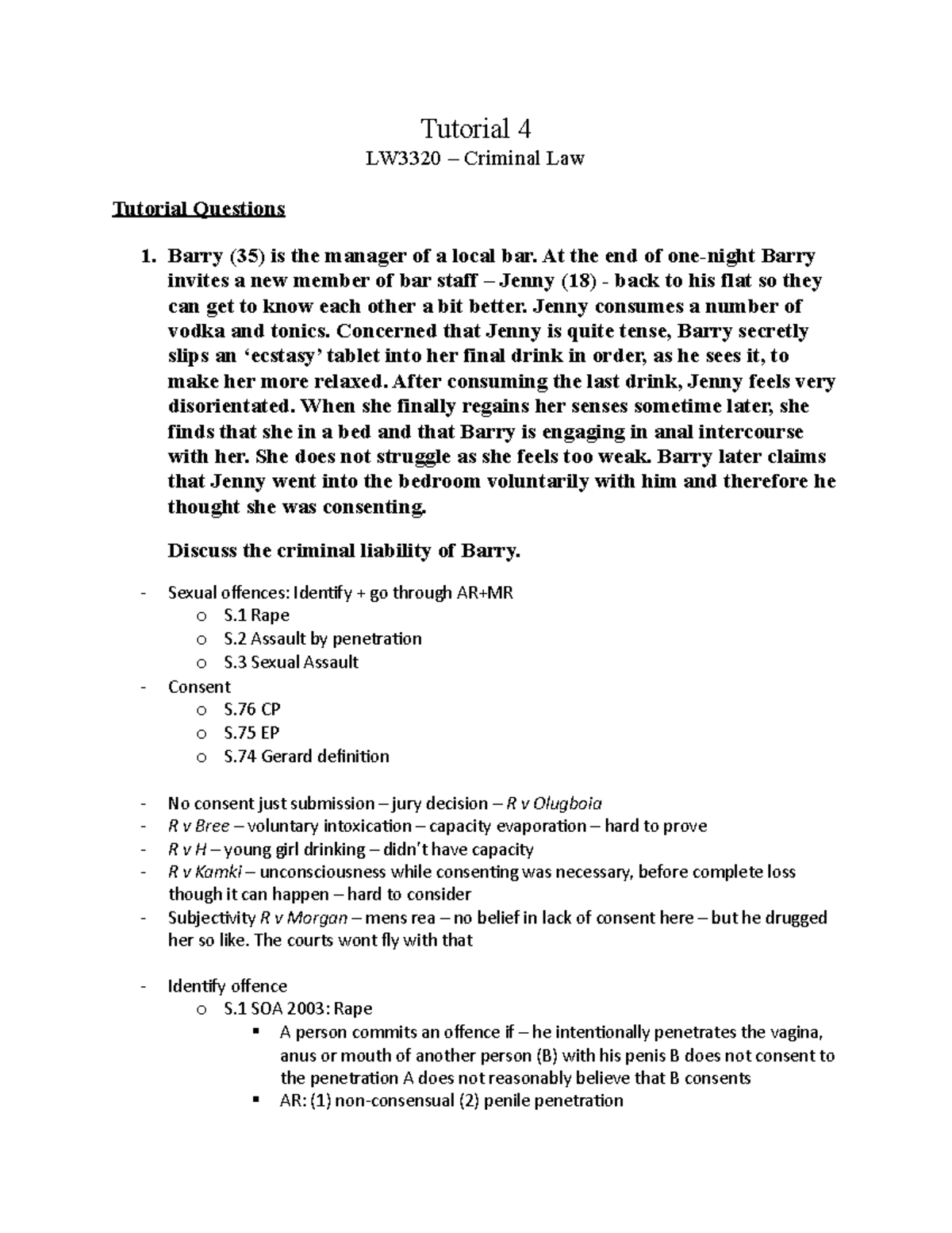 LW3220 - Tutorial 4 - Notes - Tutorial 4 LW3320 – Criminal Law Tutorial ...
