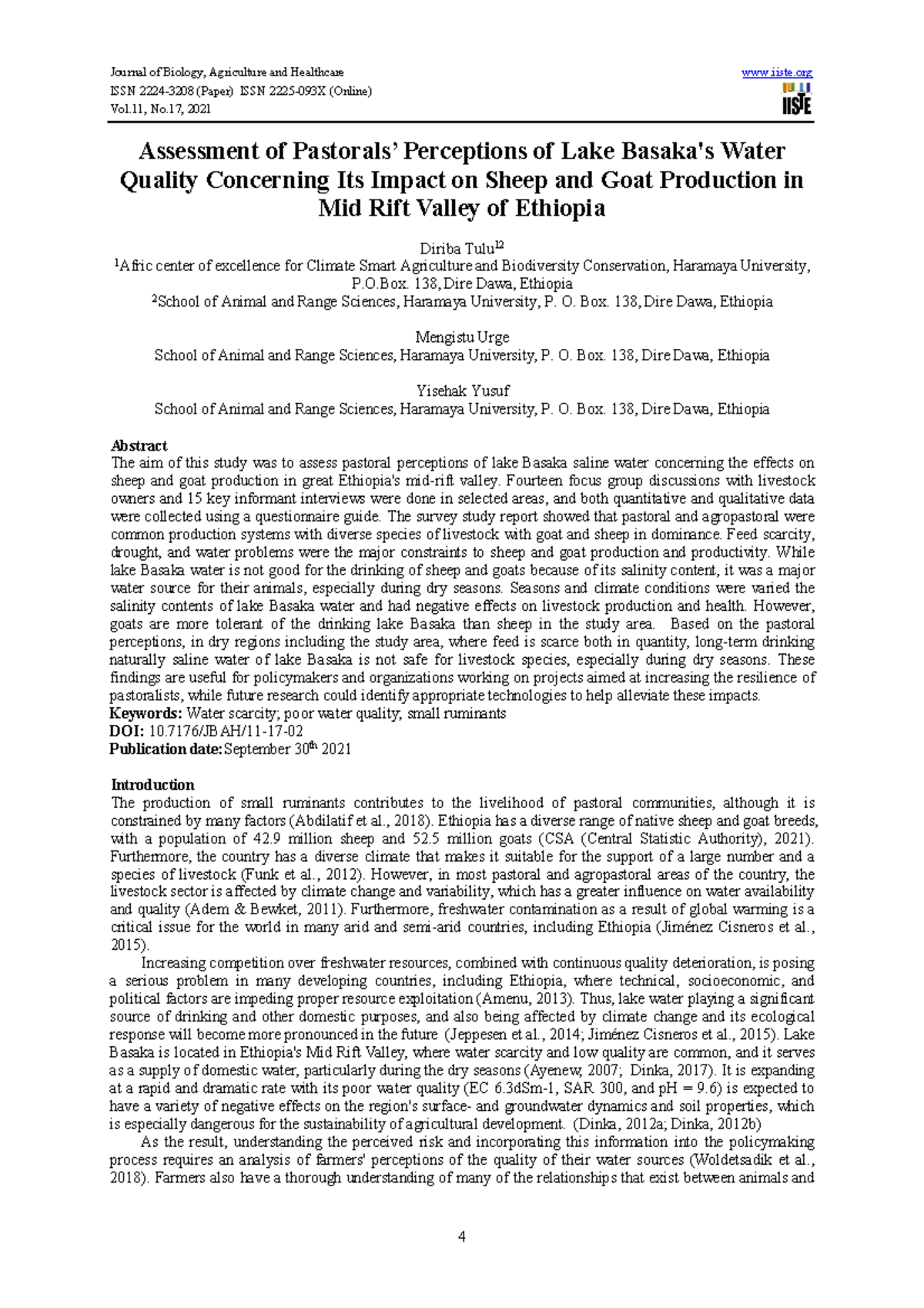 Assessment of Pastorals’ Perceptions of Lake Basaka's Water - O. 138 ...