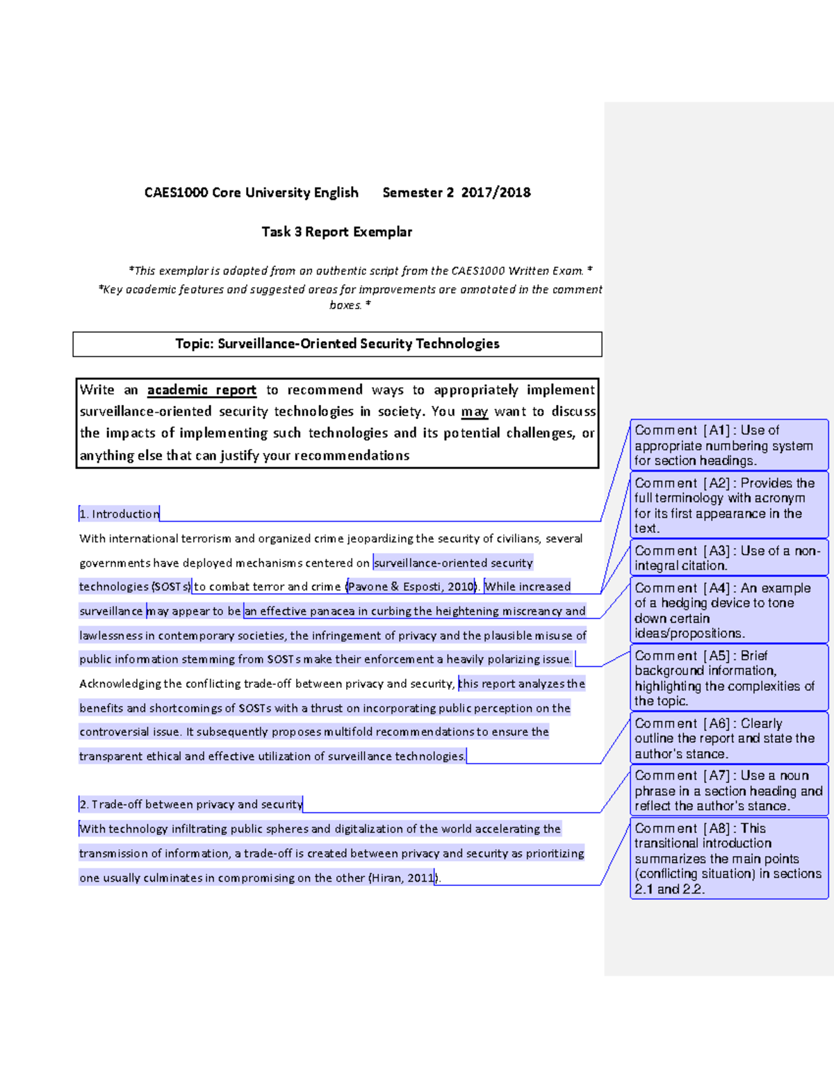 Task 3 Report Exemplars Grade A range 3 topics - CAES1000 Core ...