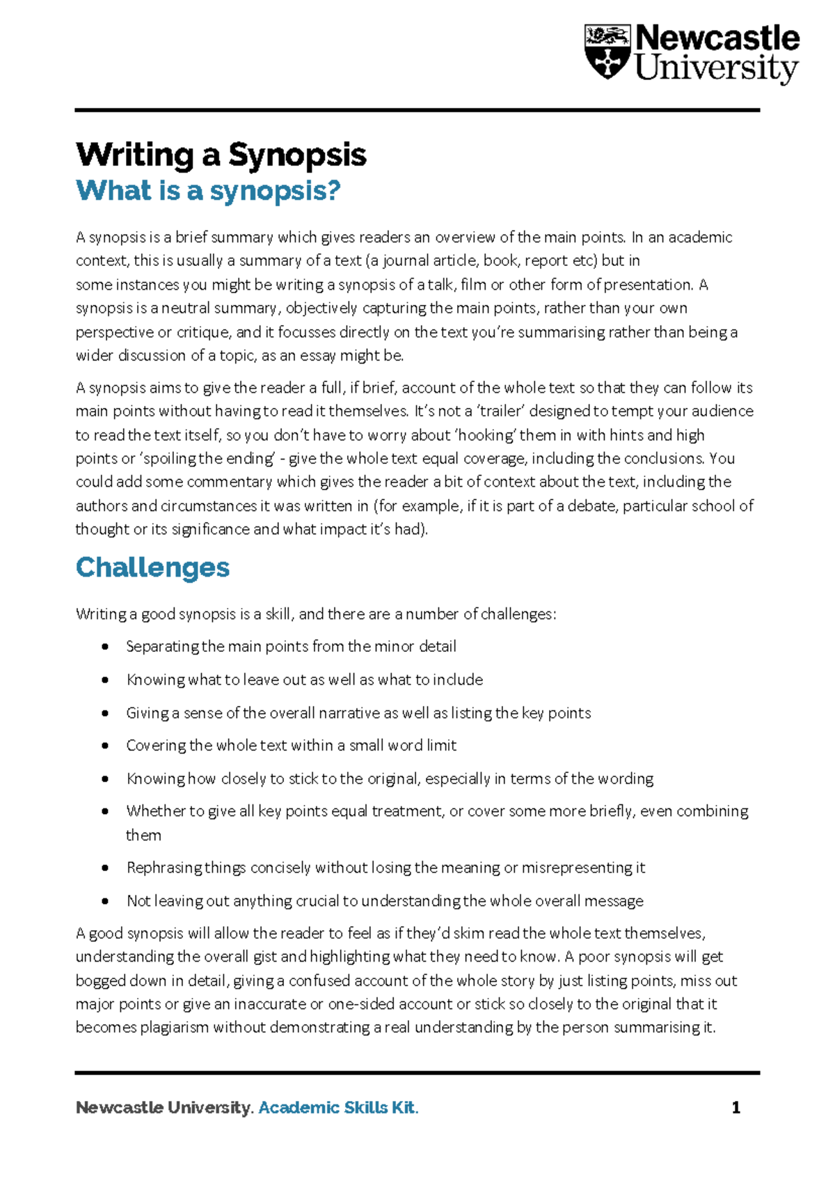 Writing a Synopsis - Newcastle University. Academic Skills Kit. 1 ...