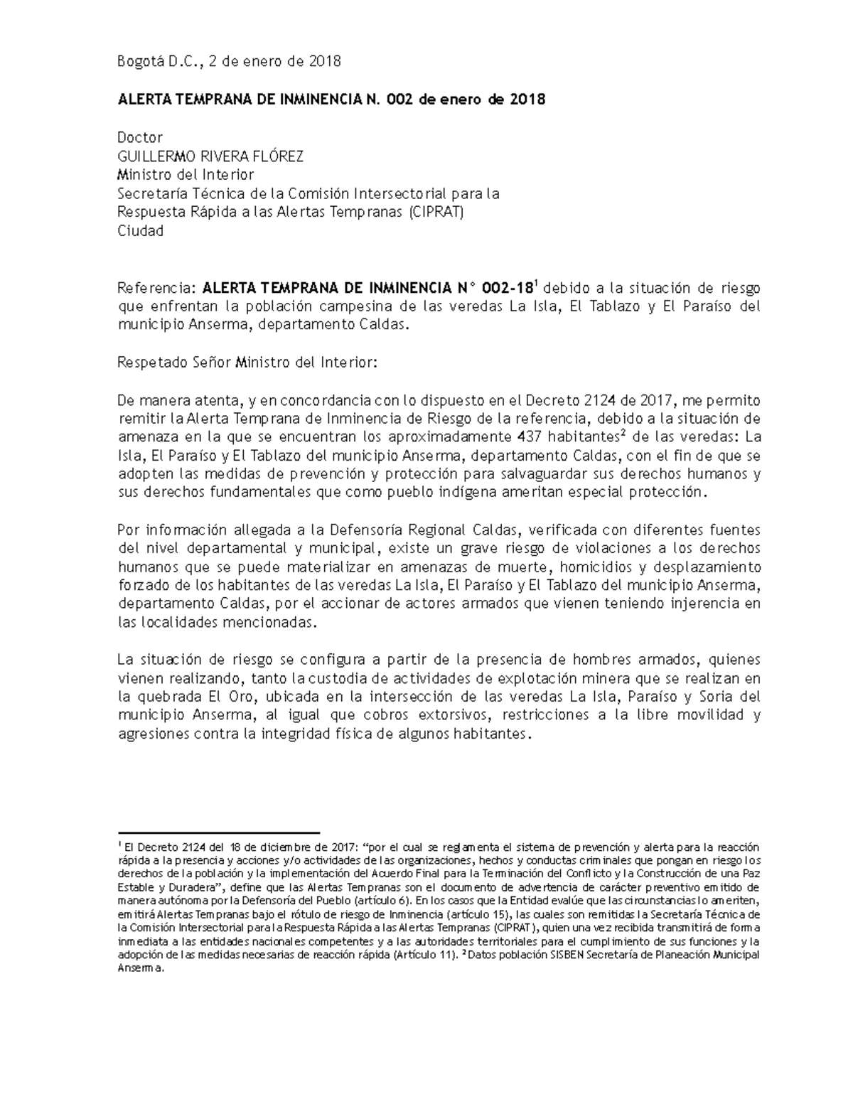 Alerta Temprana DE Inminencia N° 002 del 2 de enero del 2018 - Bogotá D ...