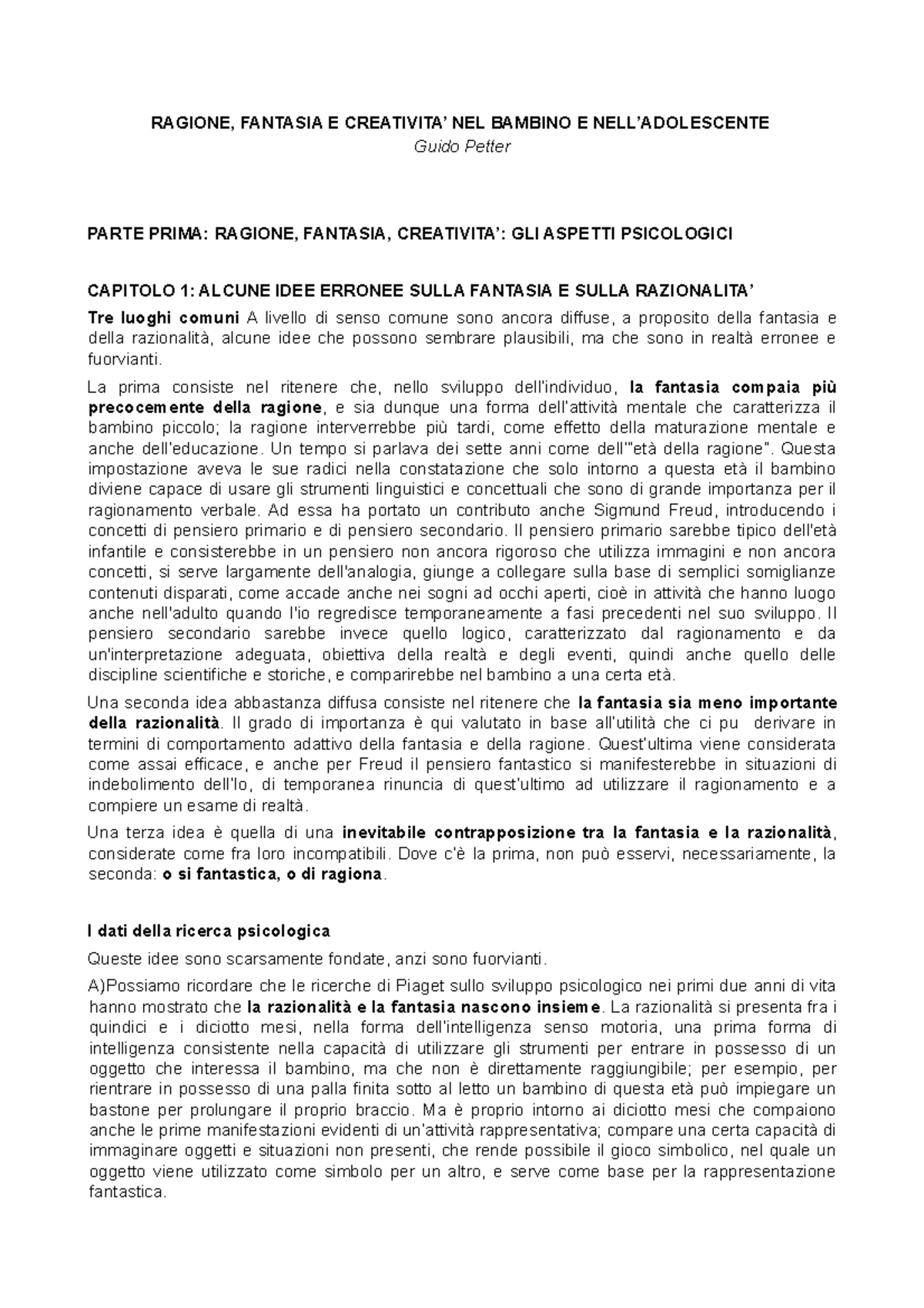 Ragione - metà riassunto - RAGIONE, FANTASIA E CREATIVITA’ NEL BAMBINO ...