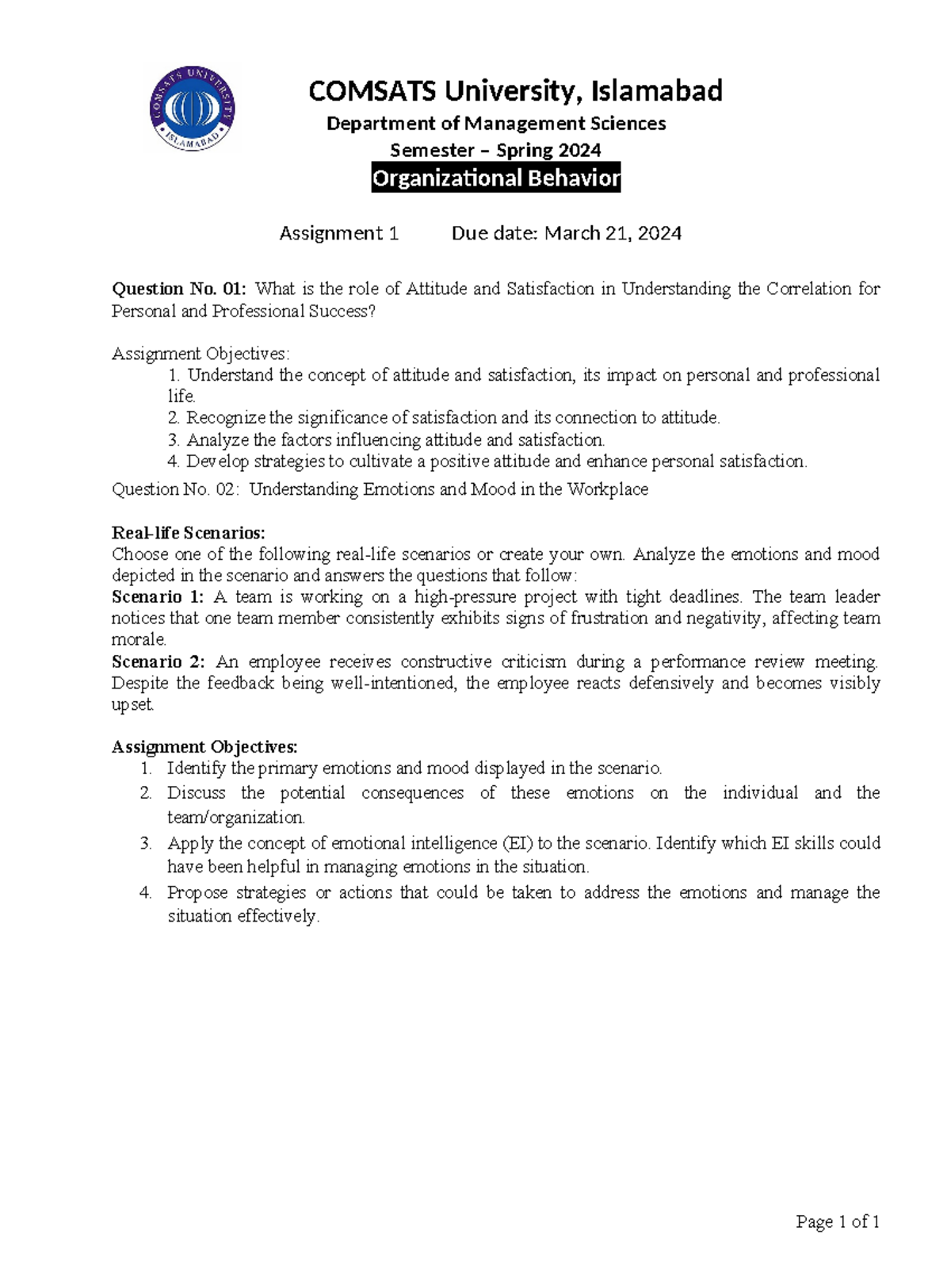 Assignment 1 - COMSATS University, Islamabad Department of Management ...