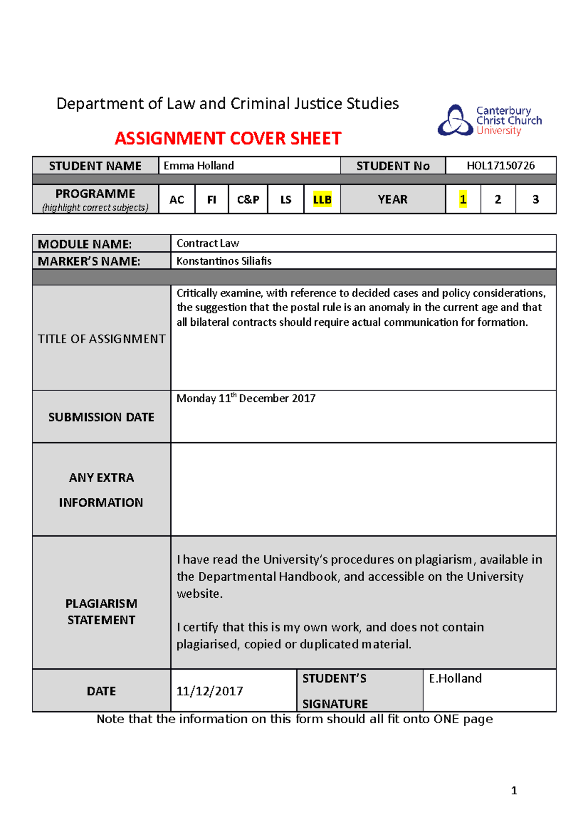 Contract LAW Essay - Notes - Department of Law and Criminal Justice ...