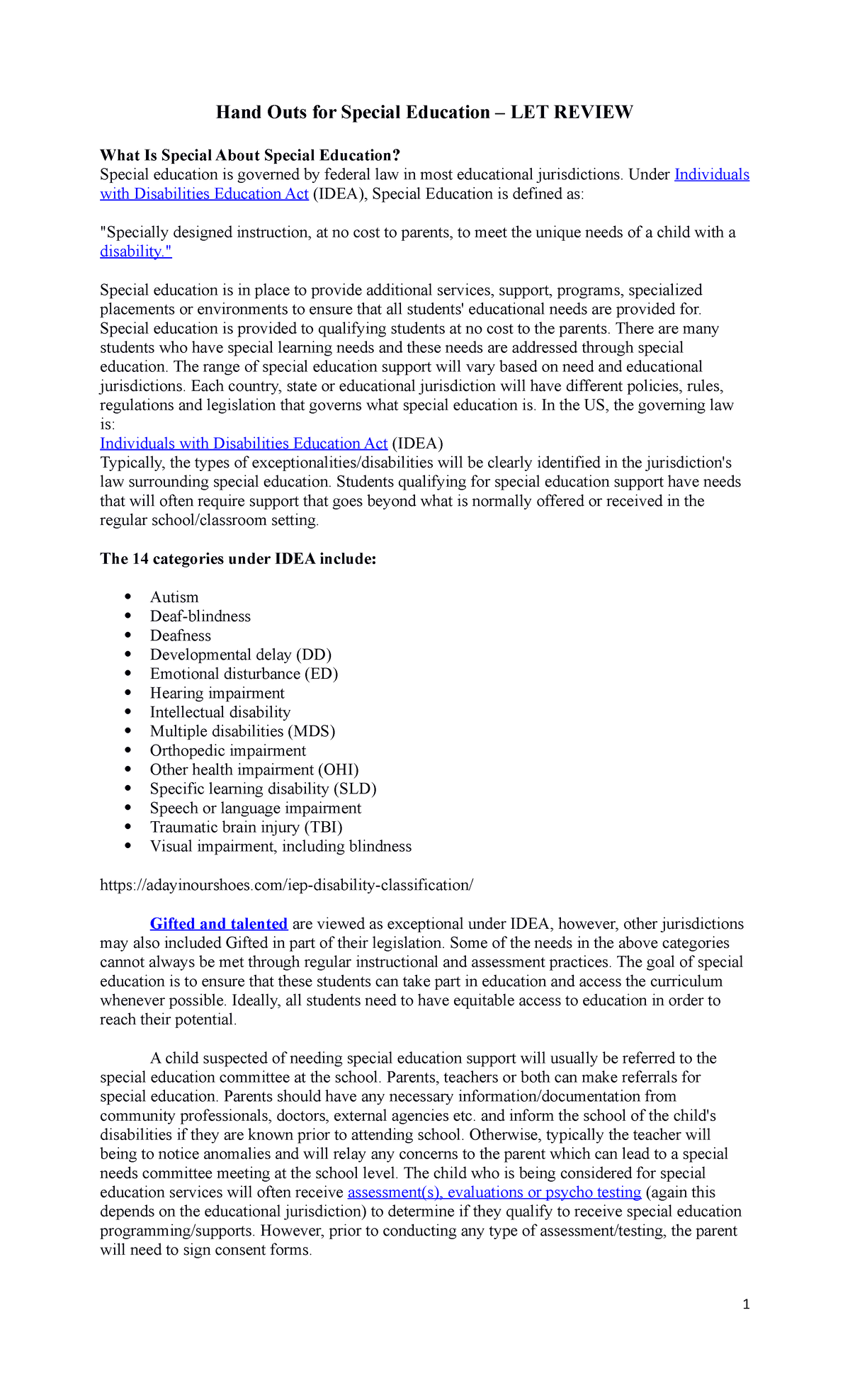 Hand Outs for Special Education - Under Individuals with Disabilities ...