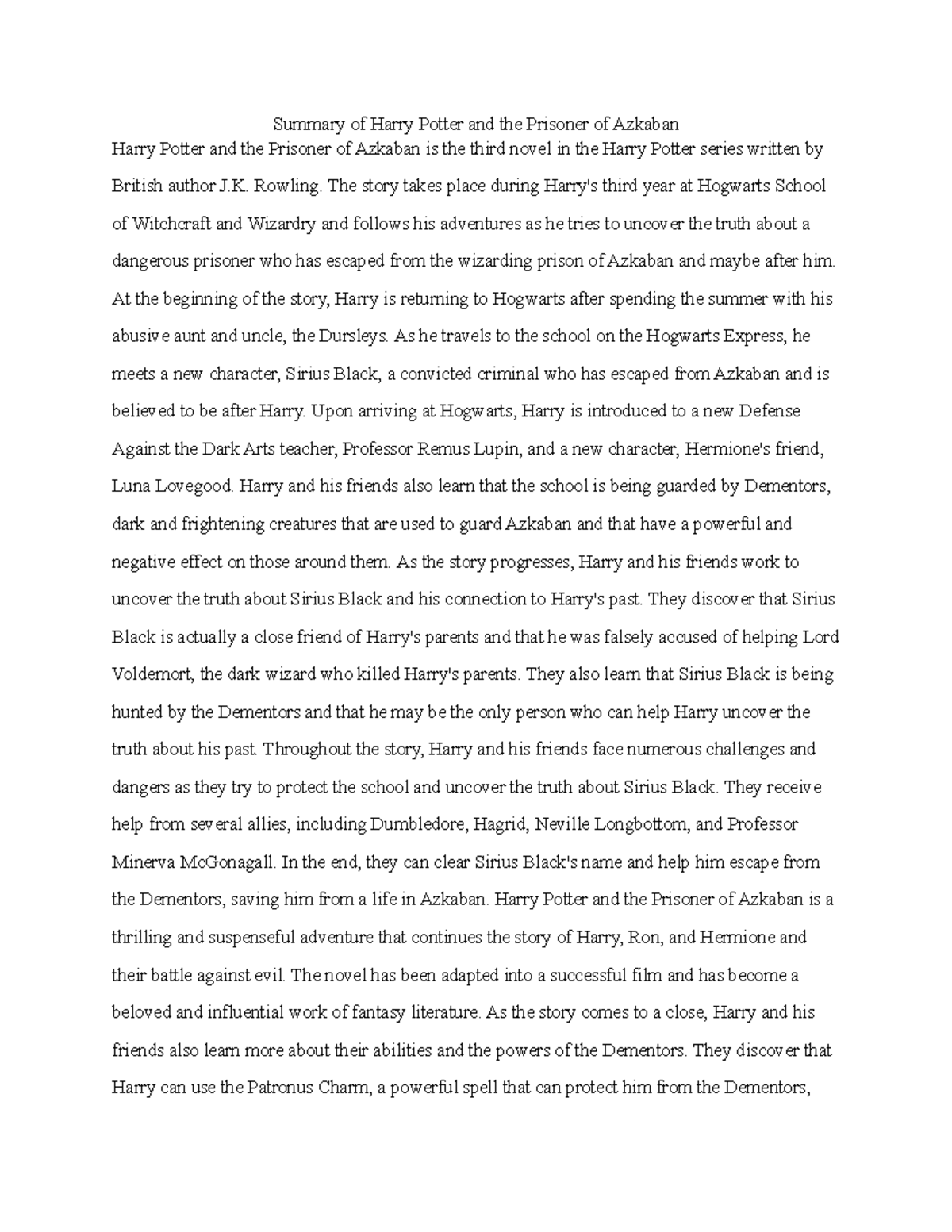 Summary of Harry Potter and the Prisoner of Azkaban - Rowling. The ...