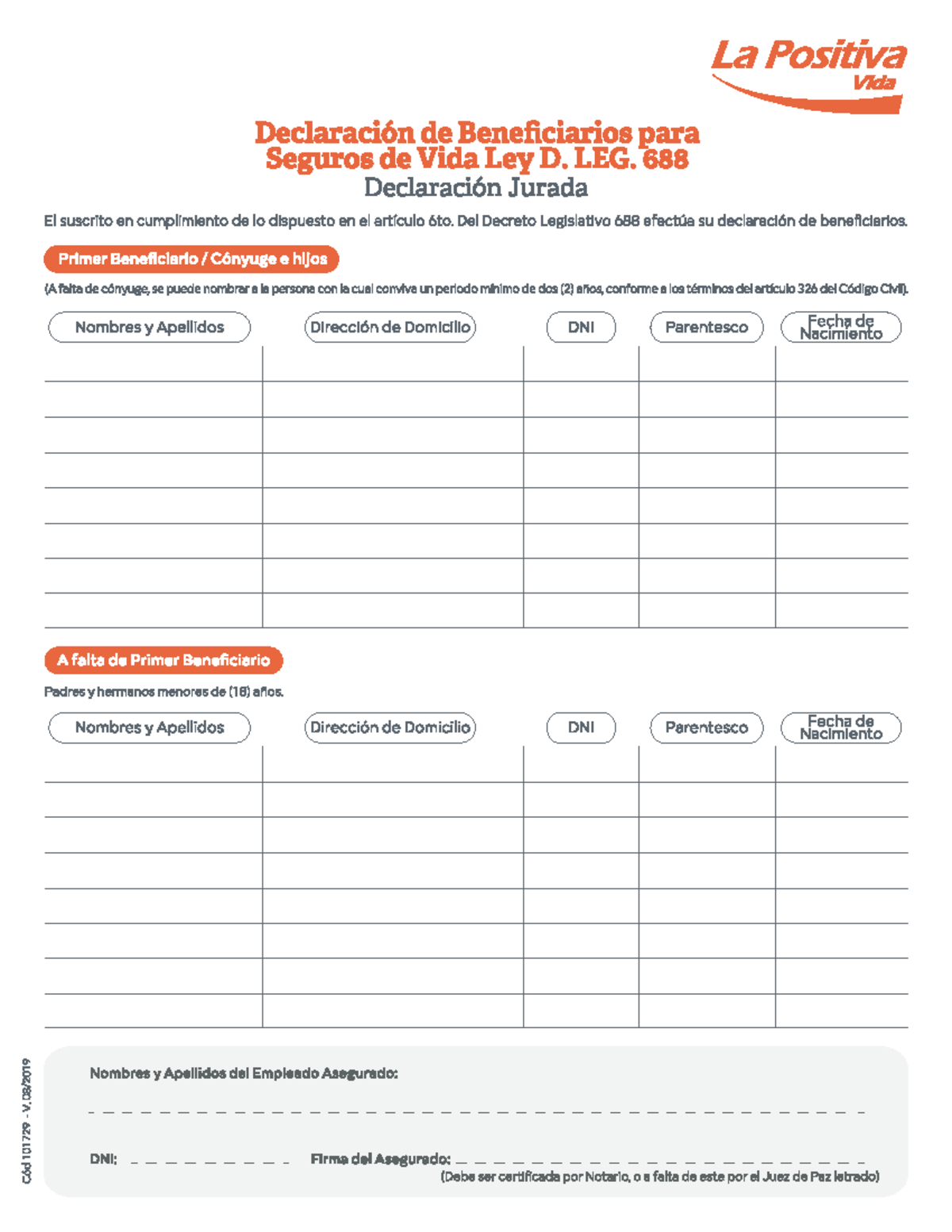 Declaración Jurada DE Beneficiarios VIDA LEY - Legislacion Laboral - Studocu