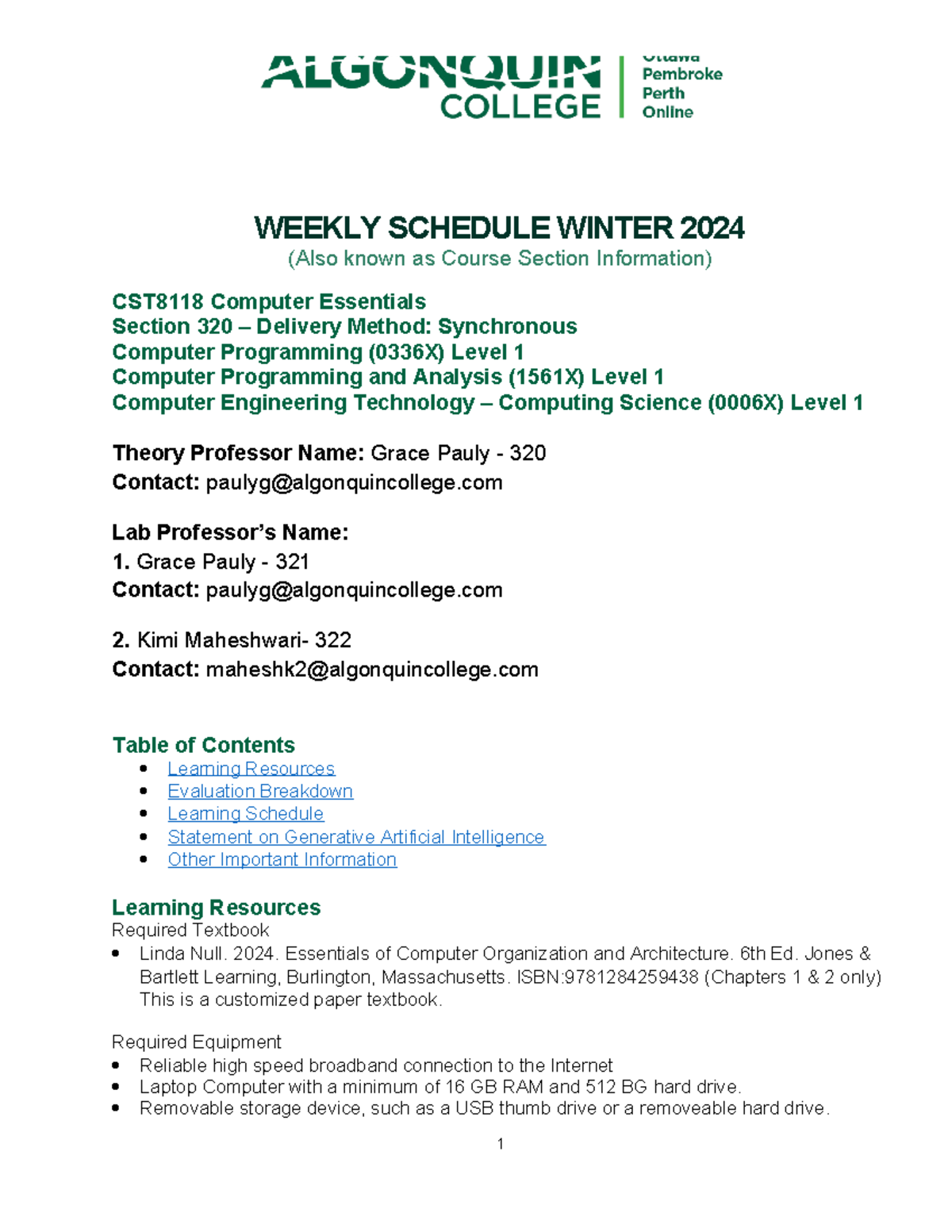 CST8118 Weekly Schedule (CSI) Winter 2024 - WEEKLY SCHEDULE WINTER 2024 ...