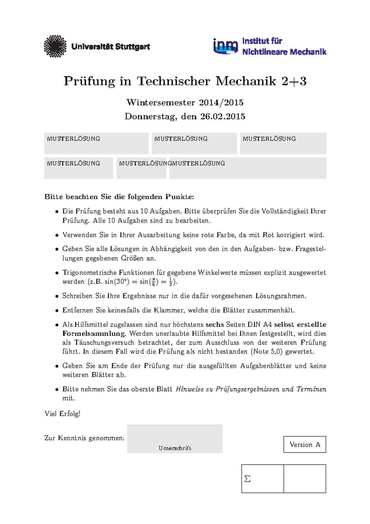 Klausur 26 Februar 2015, Fragen und Antworten - in Technischer Mechanik Wintersemester ...