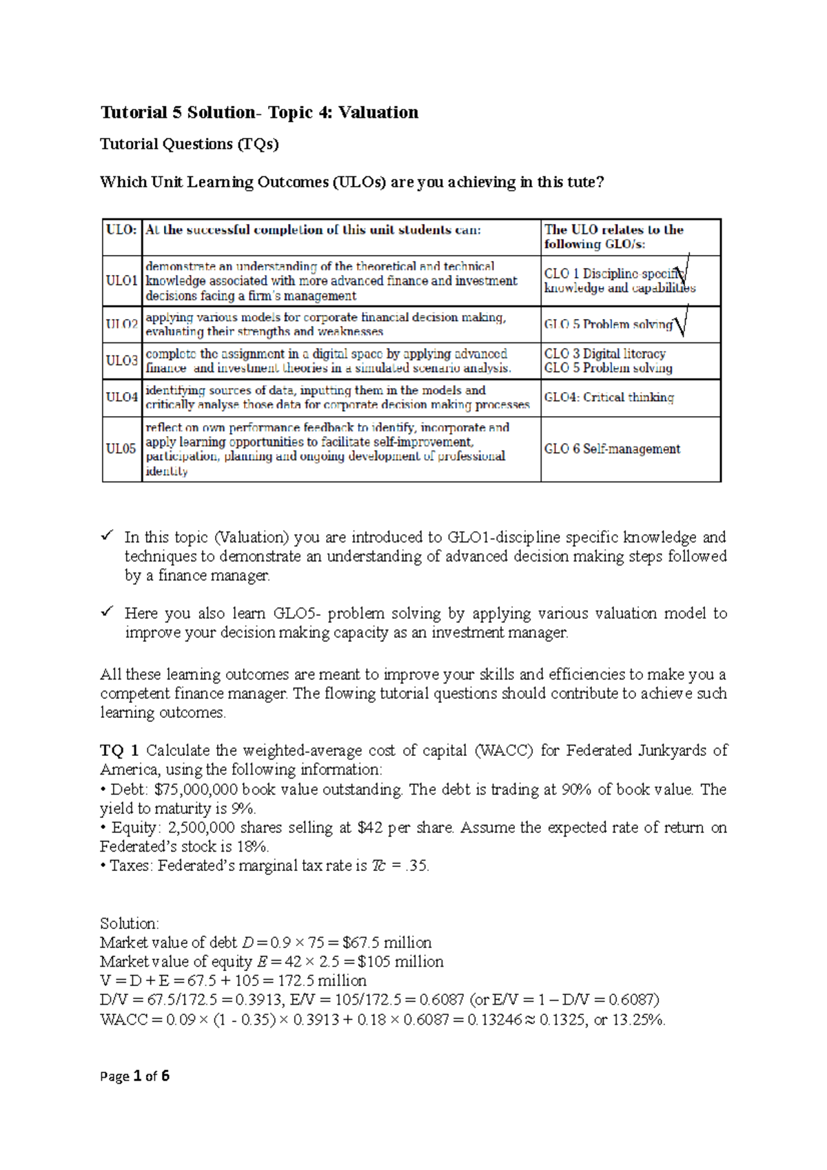 Tutorial 5 Solution MAF302 - Tutorial 5 Solution- Topic 4: Valuation ...