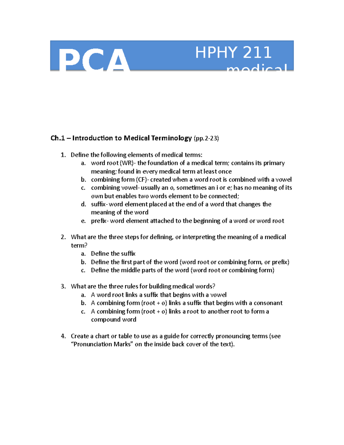 PCA 1 (Intro to Medical Terminology) - Ch – Introduction to Medical ...