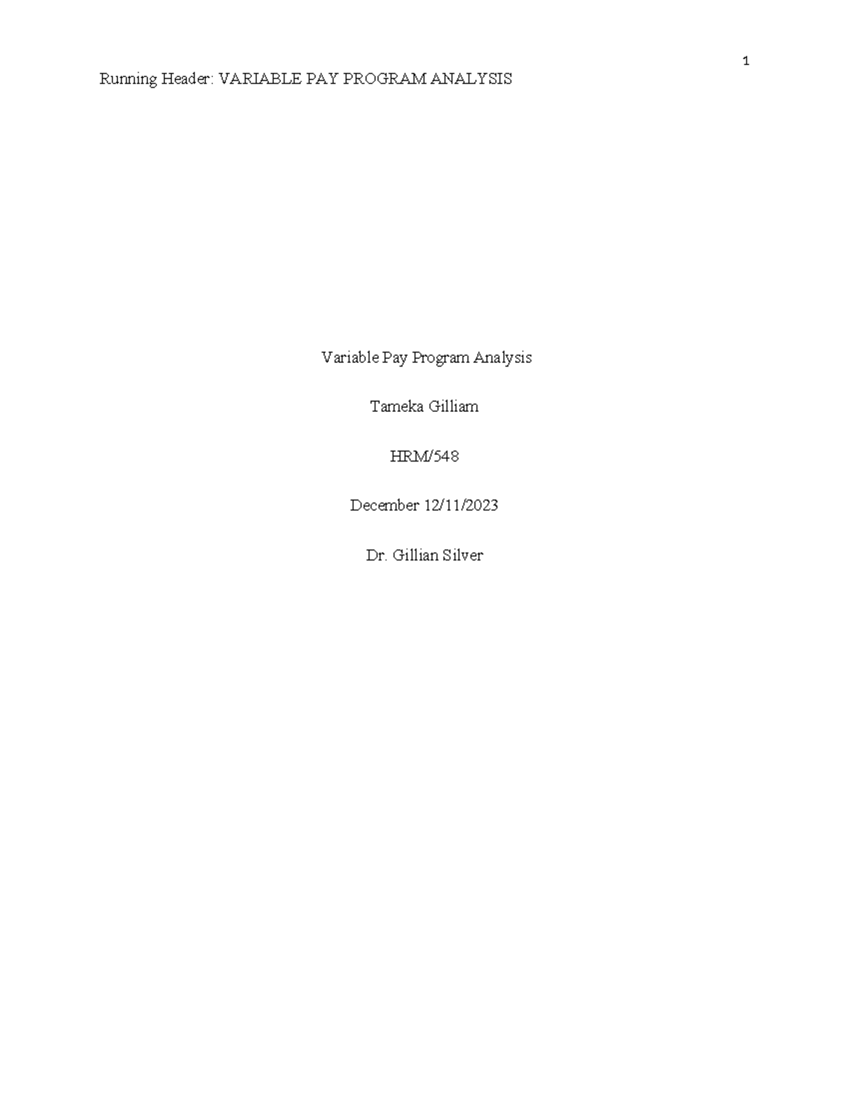 Variable Pay Program Analysis - Running Header: VARIABLE PAY PROGRAM ...