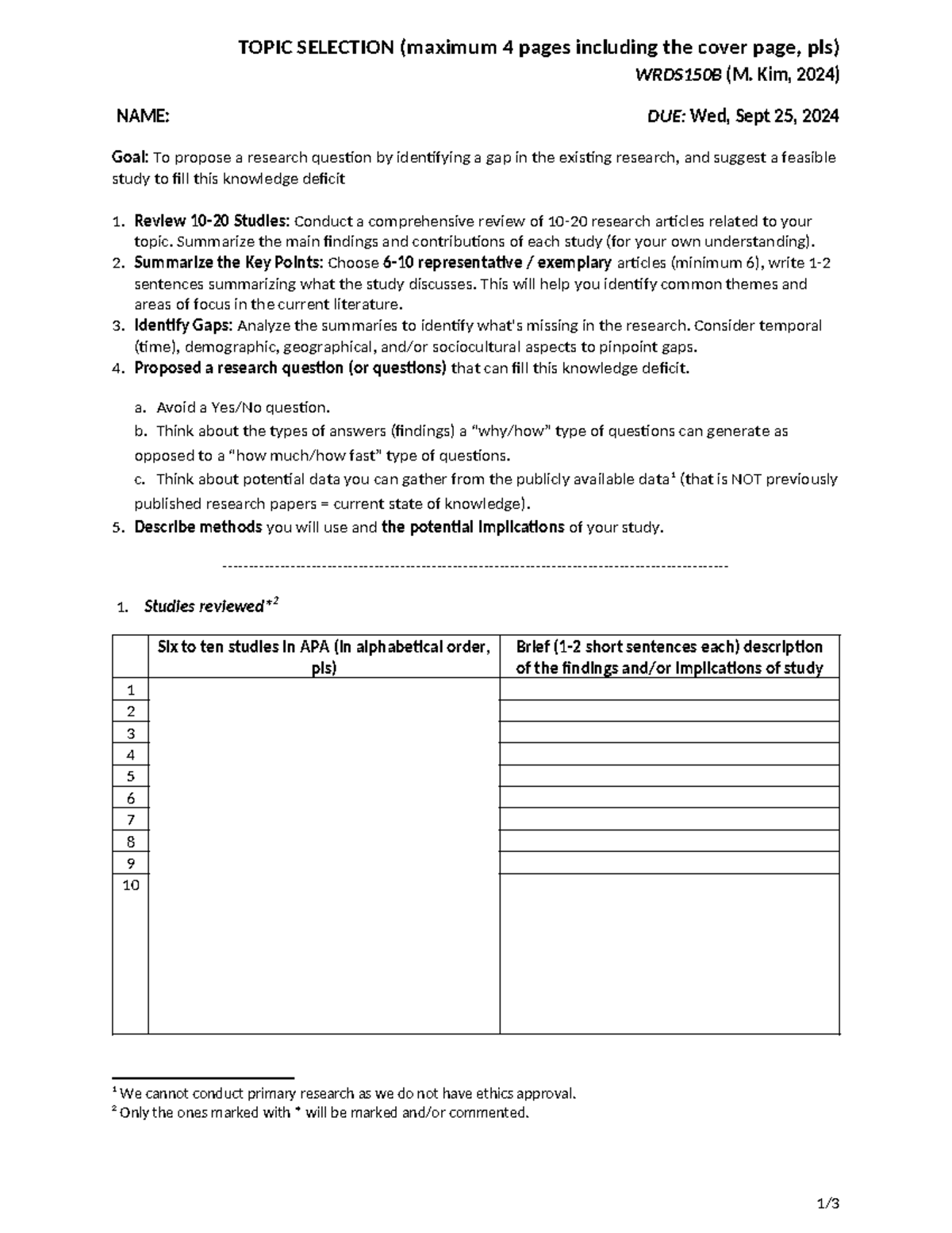 Topic selection worksheet (M. Kim, Winter I, 2024) - TOPIC SELECTION ...