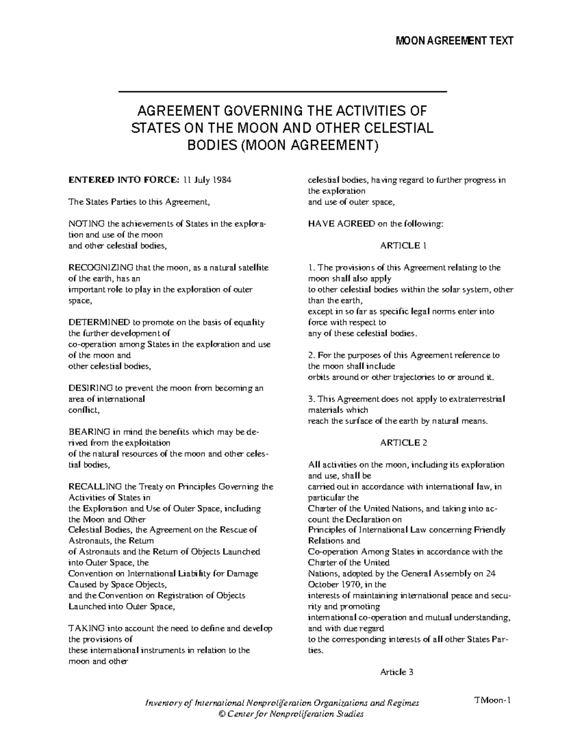 Moon agreement - Inventory of International Nonproliferation ...
