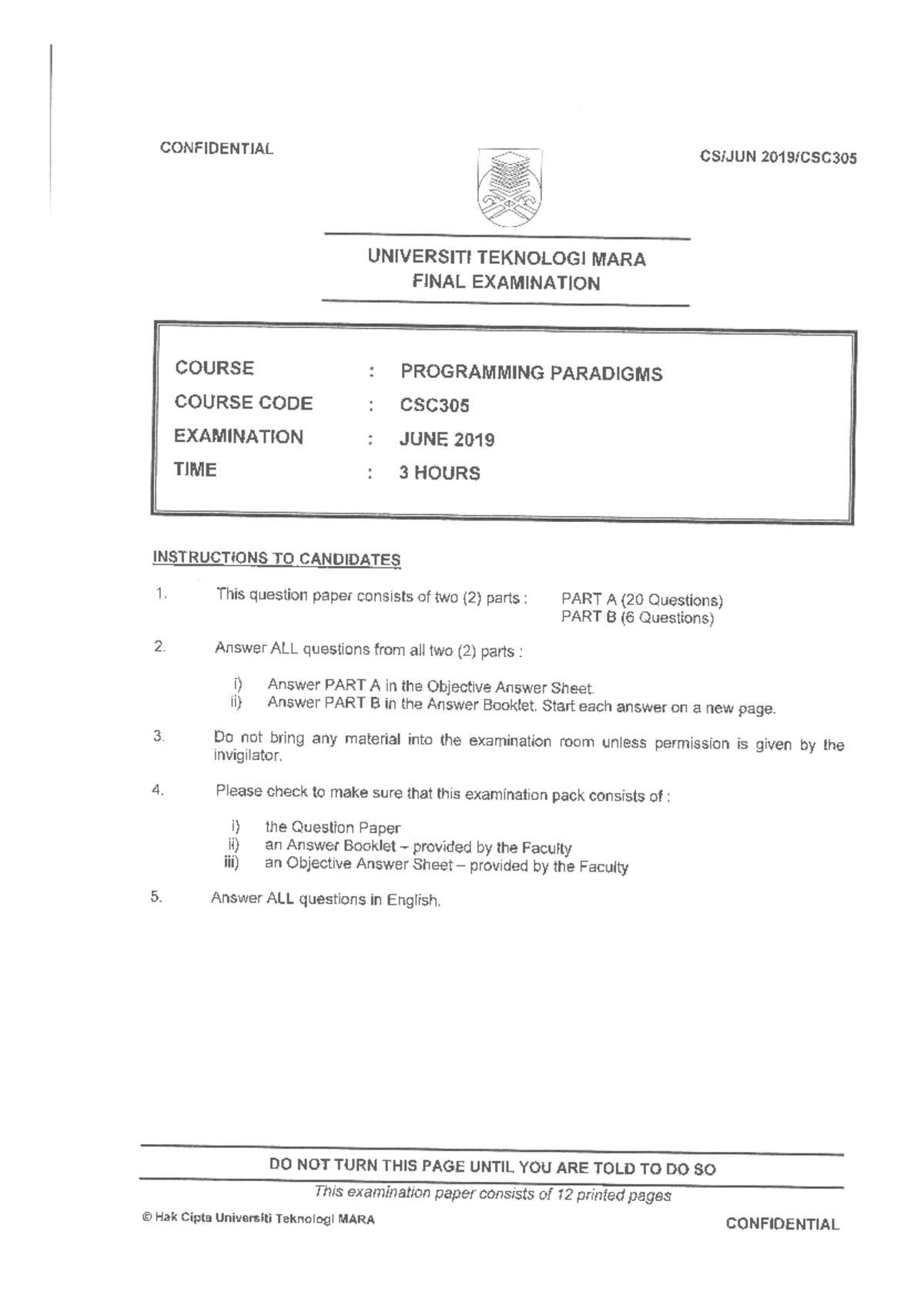 JUNE 2019 - past year question - programming paradigms - Studocu