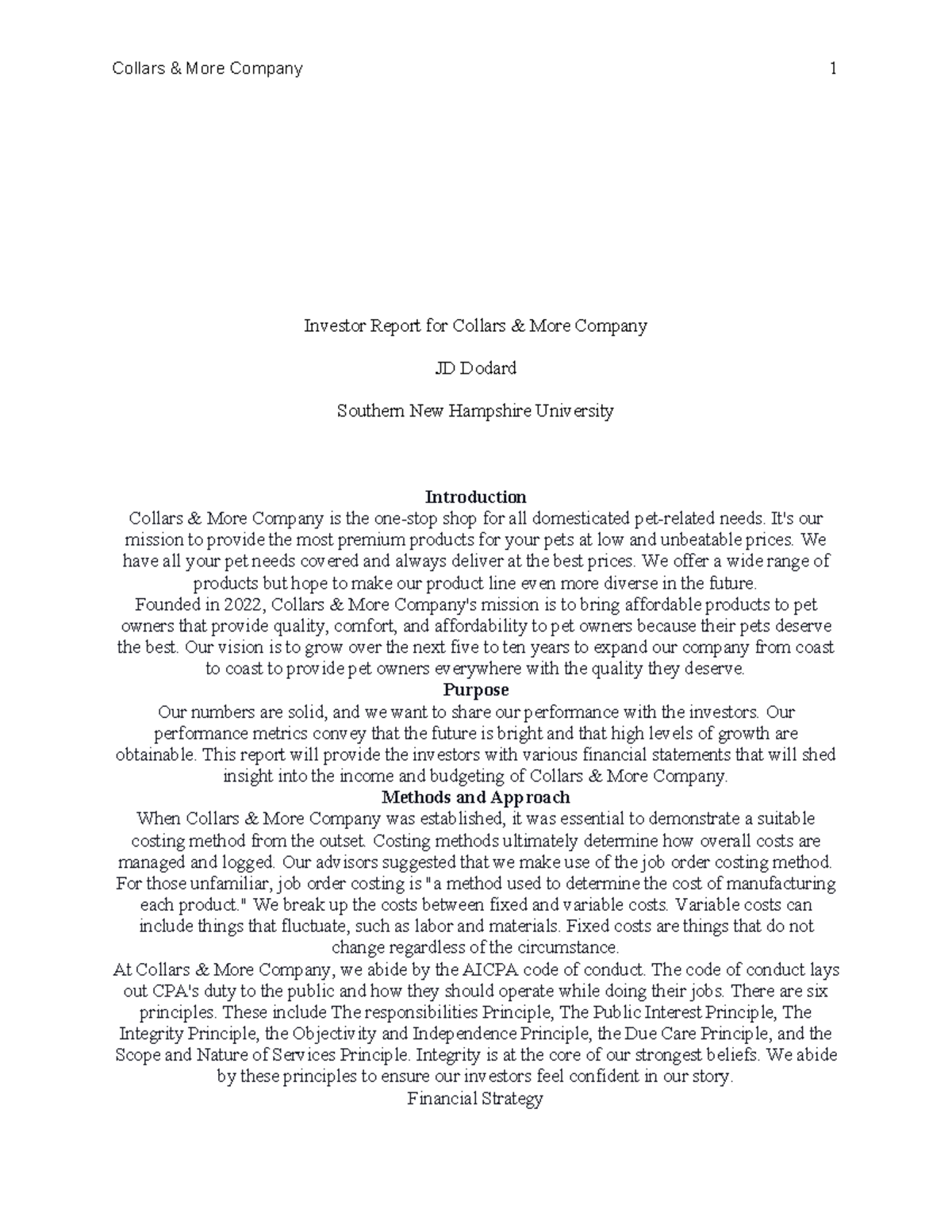 ACC 202 Investor Report Templatey - Collars & More Company 1 Investor Report for Collars & - Studocu