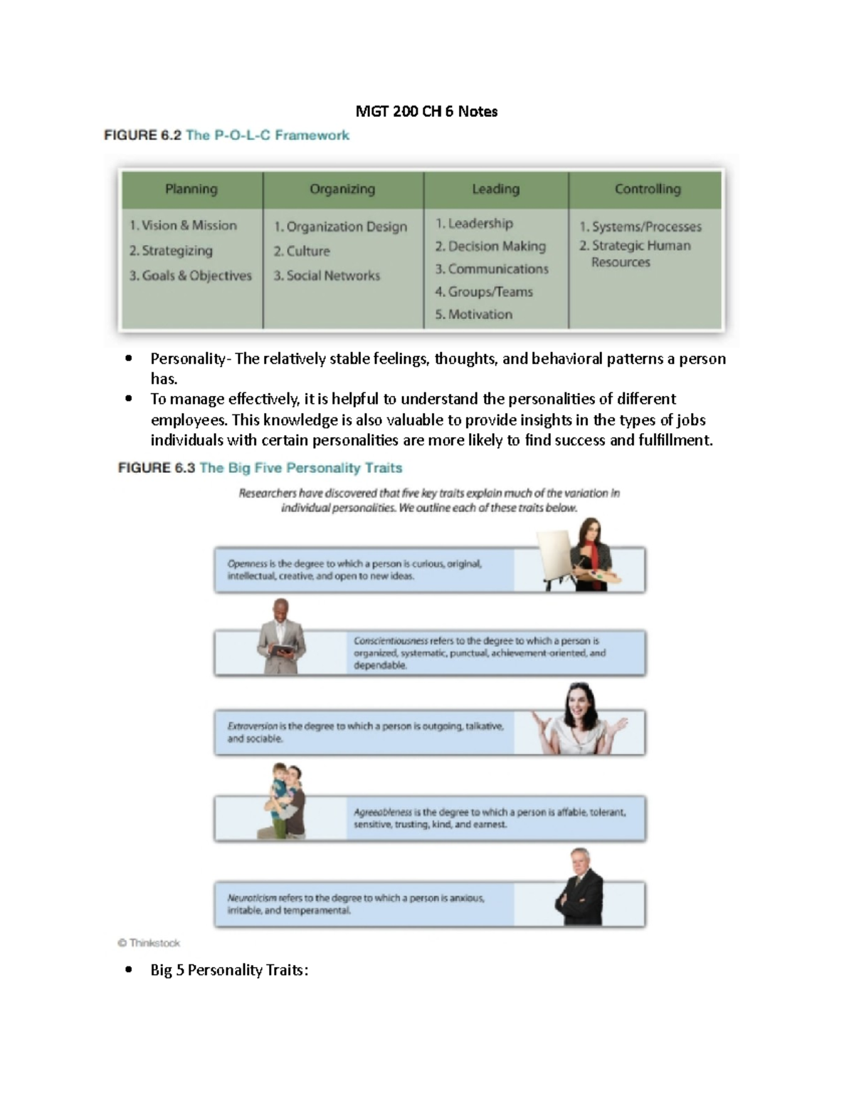 MGT 200 CH 6 Notes - MGT 200 CH 6 Notes Personality- The relatively ...